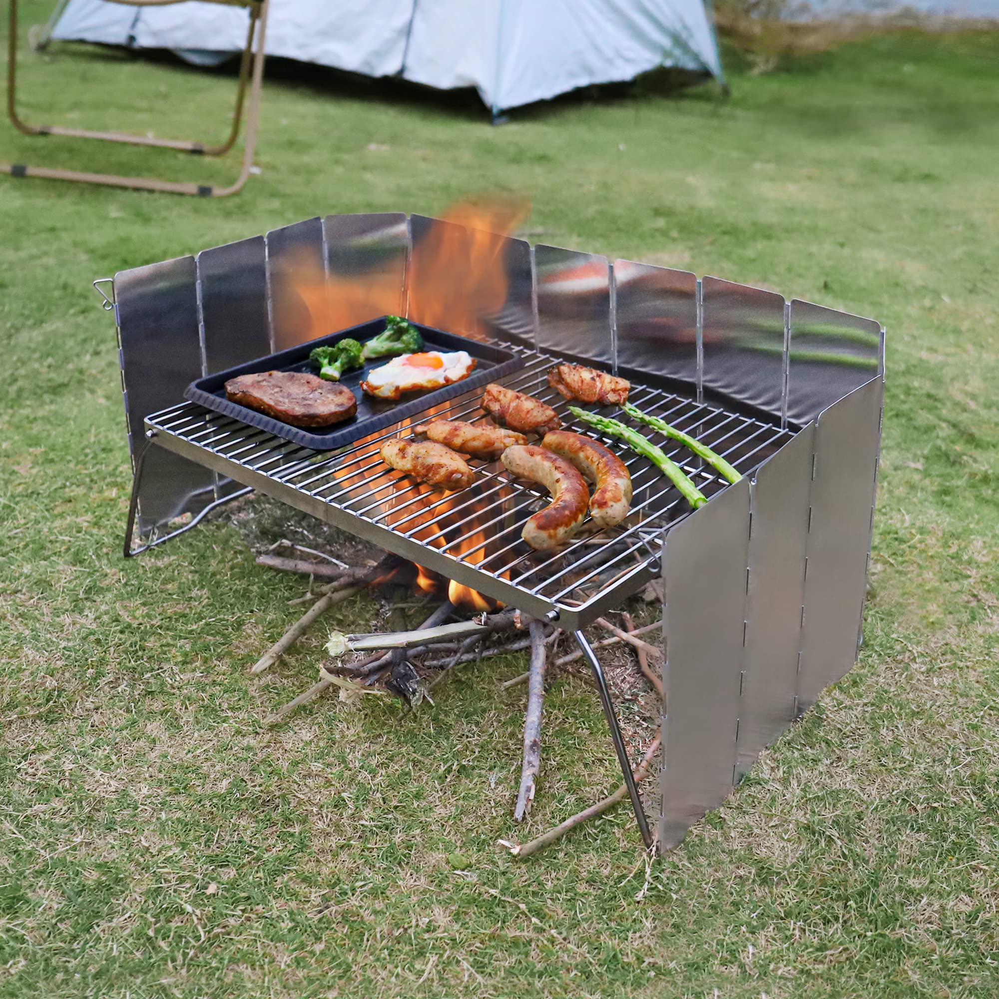 Puraville Foldable Camping Grill, Large Size Heavy Duty 304 Stainless Steel Grill with Campfire Windshield Set