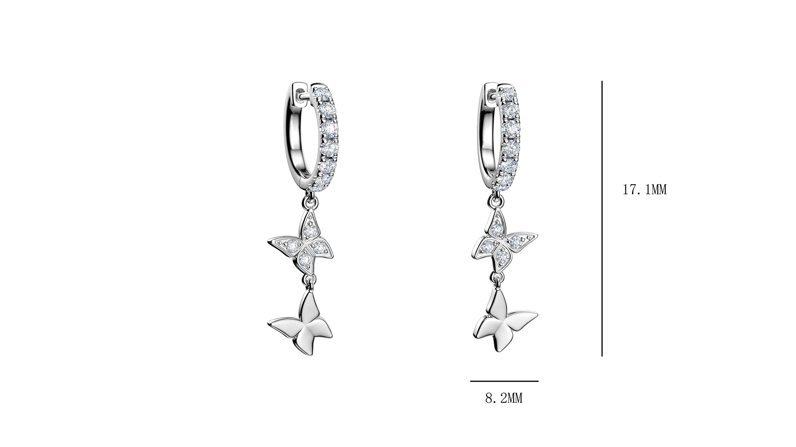Rockher Sparkle in Elegance with .925 Sterling Silver Cubic Zirconia Double Butterfly Dangle Drop Huggie Hoop Earrings