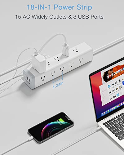 Surge Protector Power Strip 15 Outlets, TESSAN 1875W 15A Extension Cord with Multiple Outlets 6 ft, 3 USB Charging Ports, 1050J, Mountable, Flat Plug, Home Office College Dorm Room Essentials
