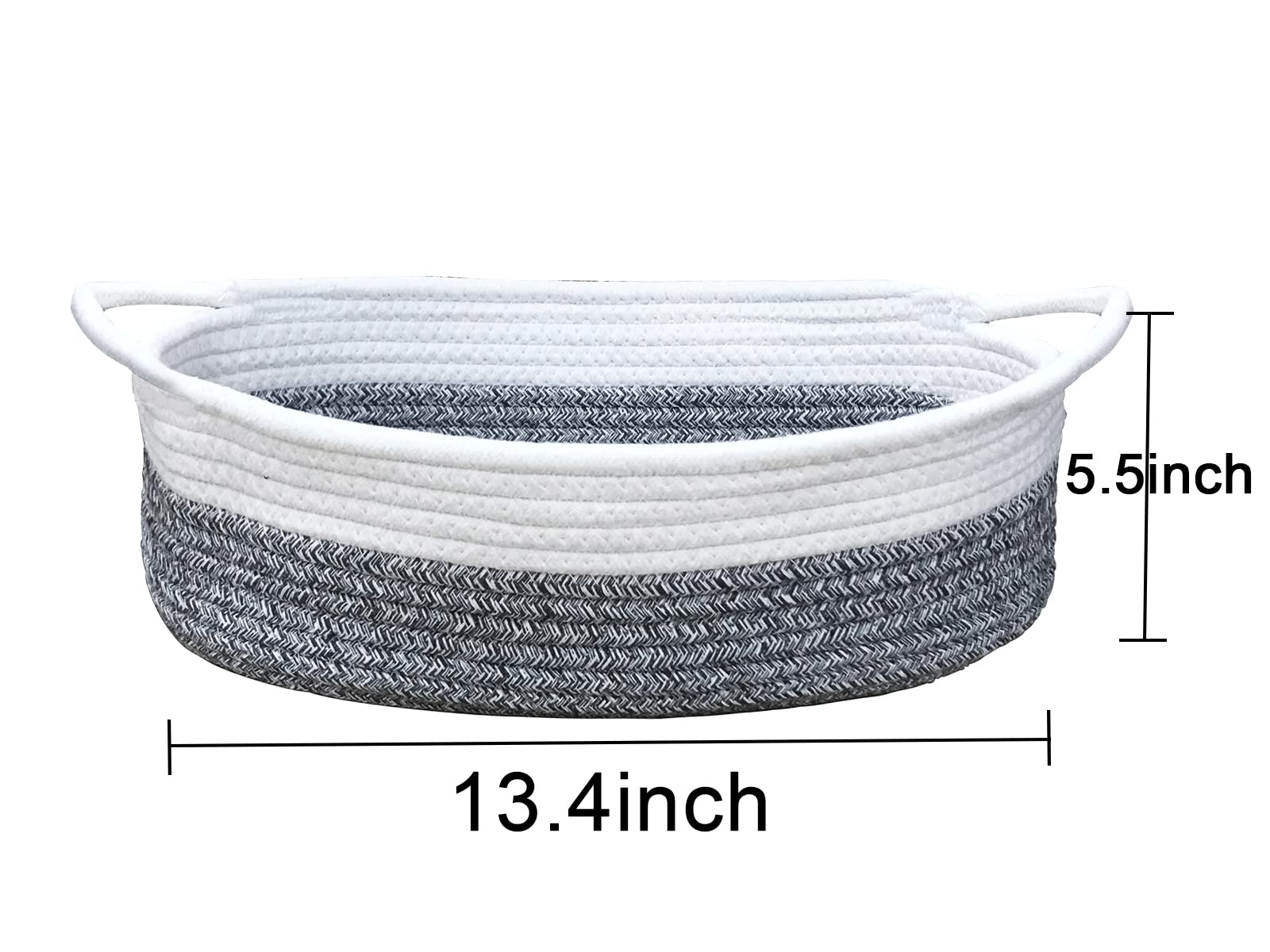Small Woven Basket Cute Rope Basket Cotton Basket Baby Room Storage Basket Dog Toy Basket with Handles Empty Gift Basket for Shelf 13.2"x 8" x 5" Easter Basket Oval Empty Gift Basket (Grey White)