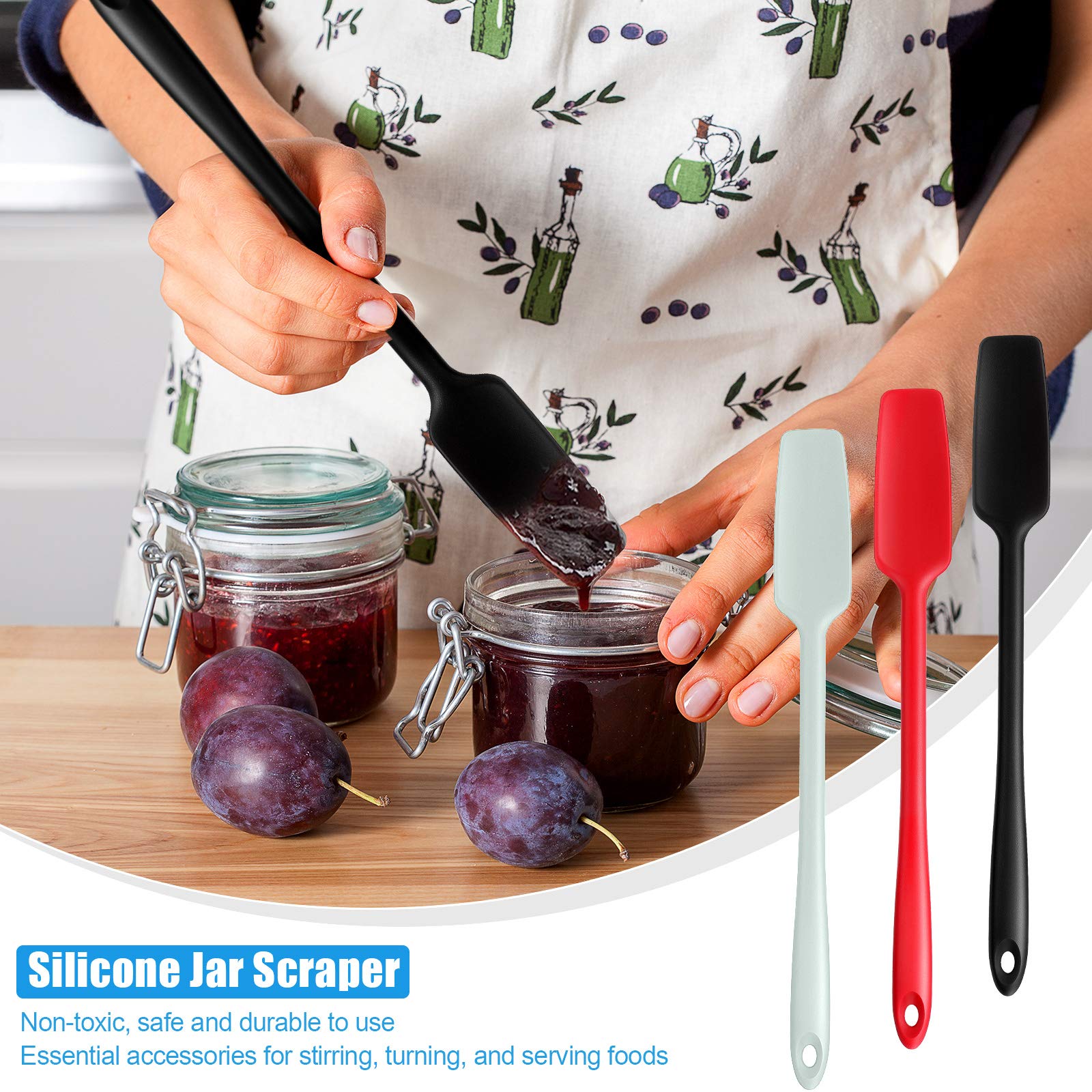 Patelai 3 Pieces Silicone Jar Spatula Long Handle Rubber Spatula Heat Resistant Non-Stick Silicone Scraper Kitchen Silicone Spatula with Stainless Steel Core for Baking (Red, Black, Light Green)