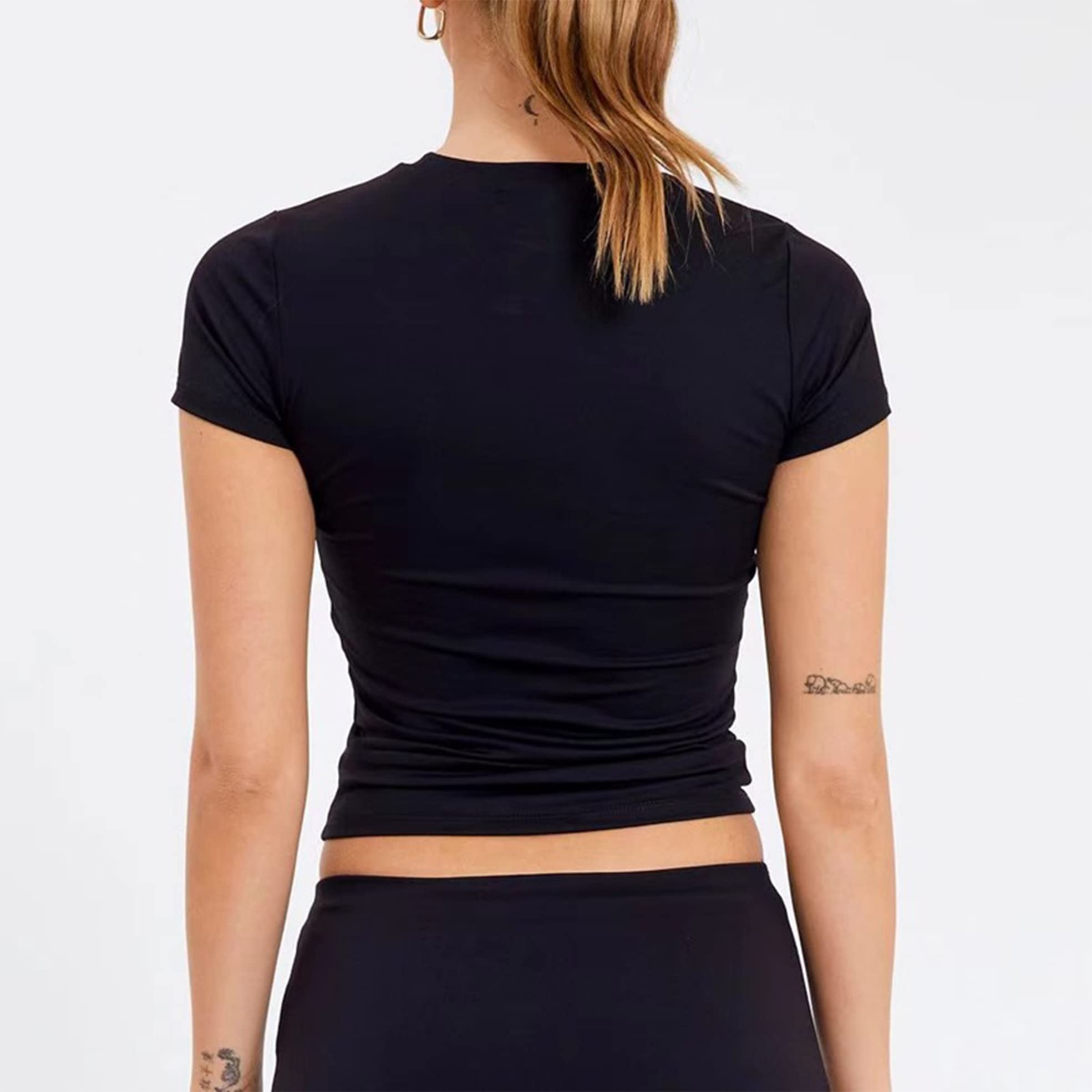 SAFRISIOR Women Basic Round Neck Short Sleeve T-Shirt Solid Form Fit Workout Yoga Athletic Sports Tee Shirt Casual Top Black