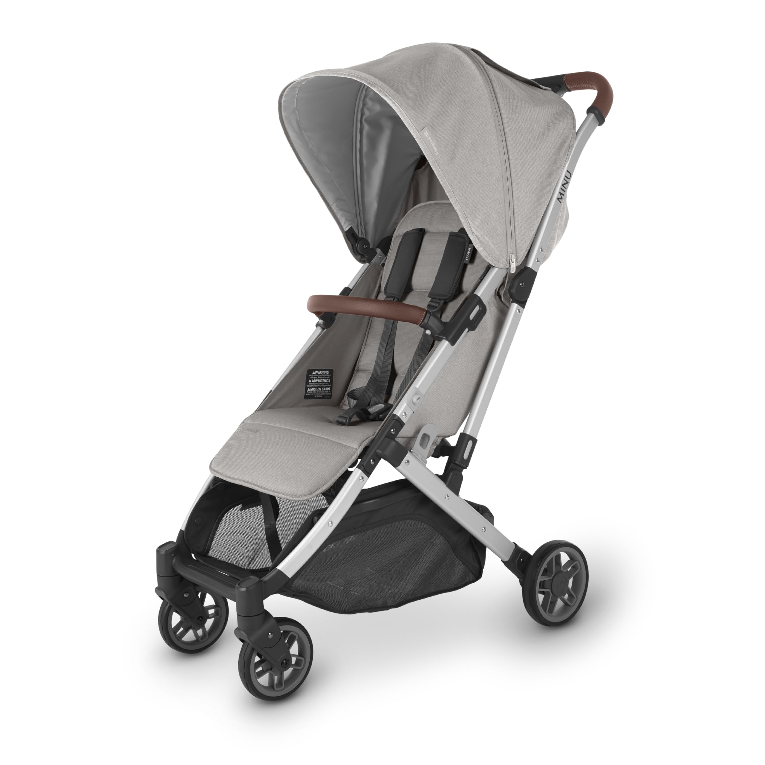 UPPAbaby Minu V2 Travel Stroller/Lightweight, Portable Design/One-Hand Fold/Shoulder Strap and Leather Bumper Bar Included/Charlotte (Coastal Blue/Carbon Frame/Saddle Leather)
