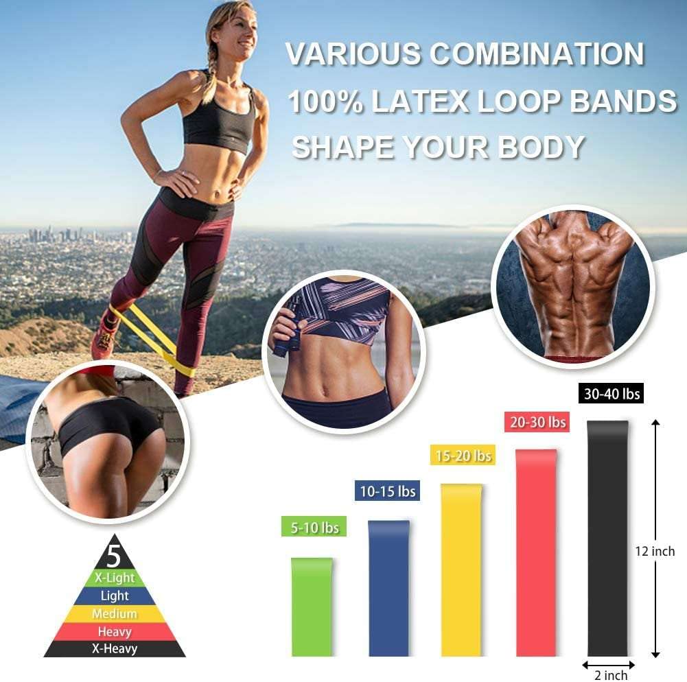 Simple Resistance Loop Exercise Bands with Carrying Bags, Set of 5,Yoga Exercises,Gymnastics,Bodybuilding,Booty Exercise