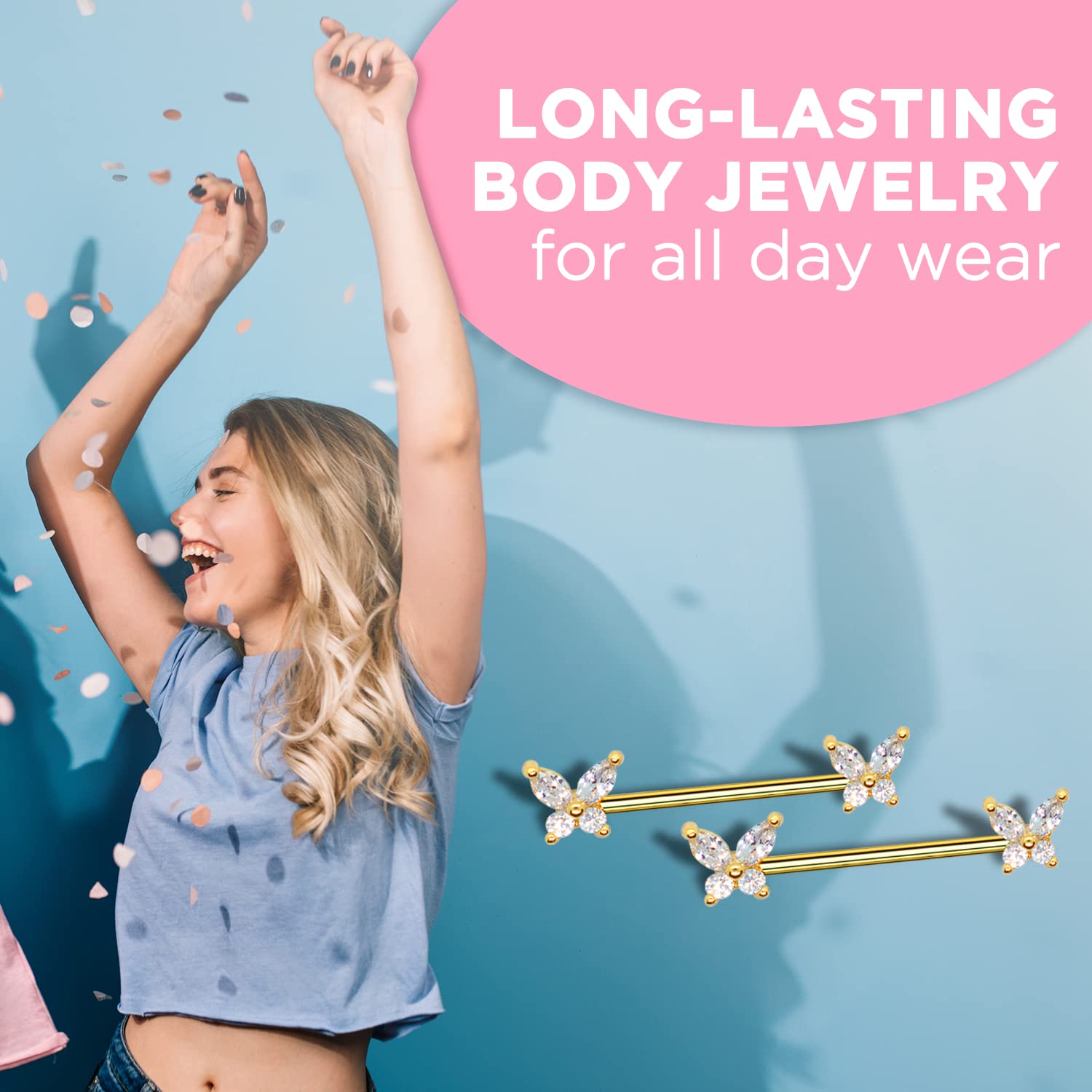 Pierce2GO Pair of Anodized Gold 316L 14G Butterfly Nipple Rings with CZ Stones Piercing Women - 9/16" Barbell