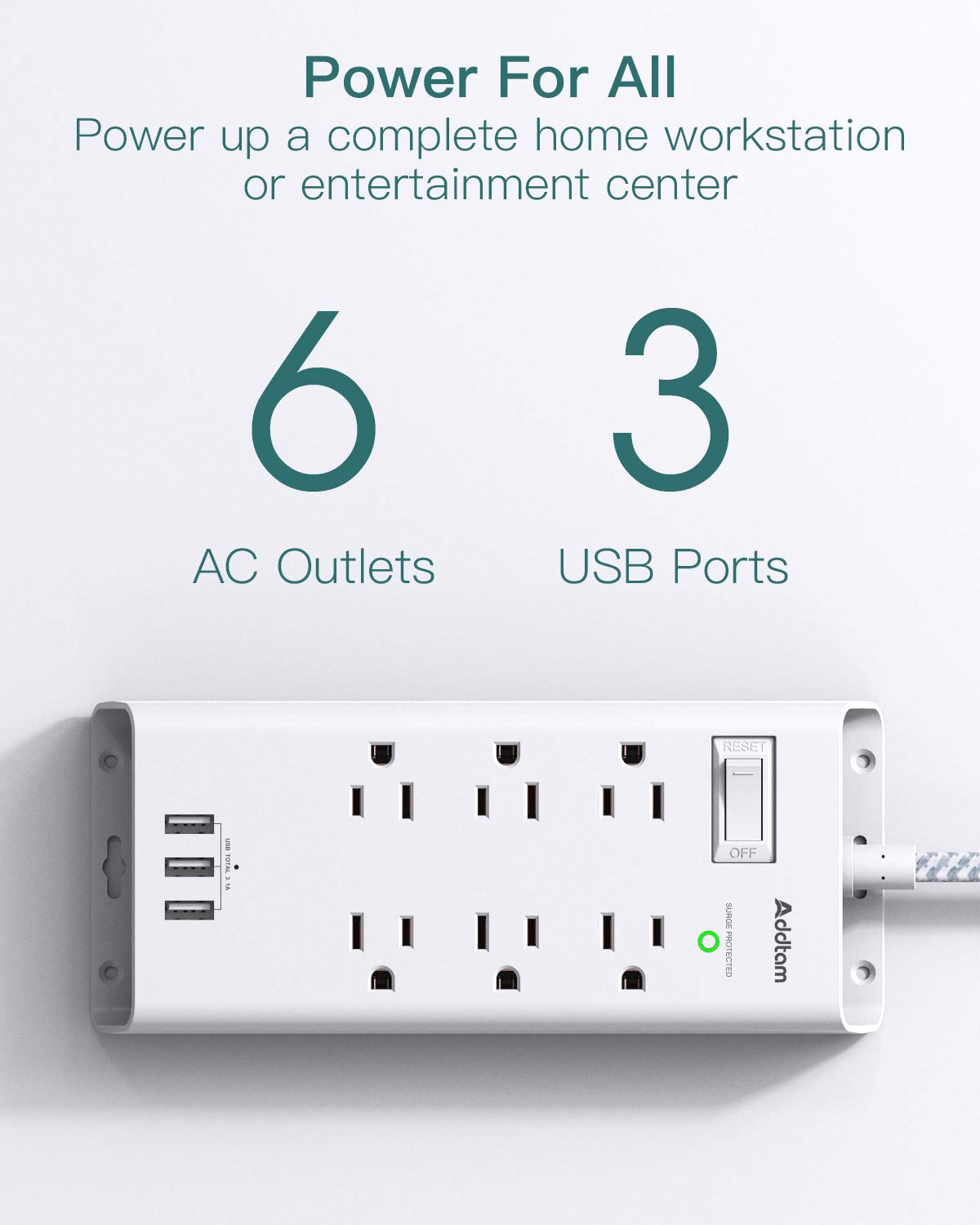 Surge Protector, Outlet Extender with Night Light, Addtam 5-Outlet Splitter and 4 USB Ports(1 USB C) and Power Strip Surge Protector 6 Outlets and 3 USB Ports, Wall Mount for Home, Office and Dorm