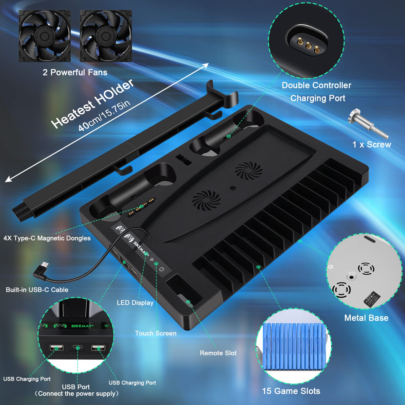 PS5 Slim Stand with Cooling Station&Controller Charging Station, SIKEMAY PS5 Slim Vertical Stand or PS5 Slim Console with Headset Holder