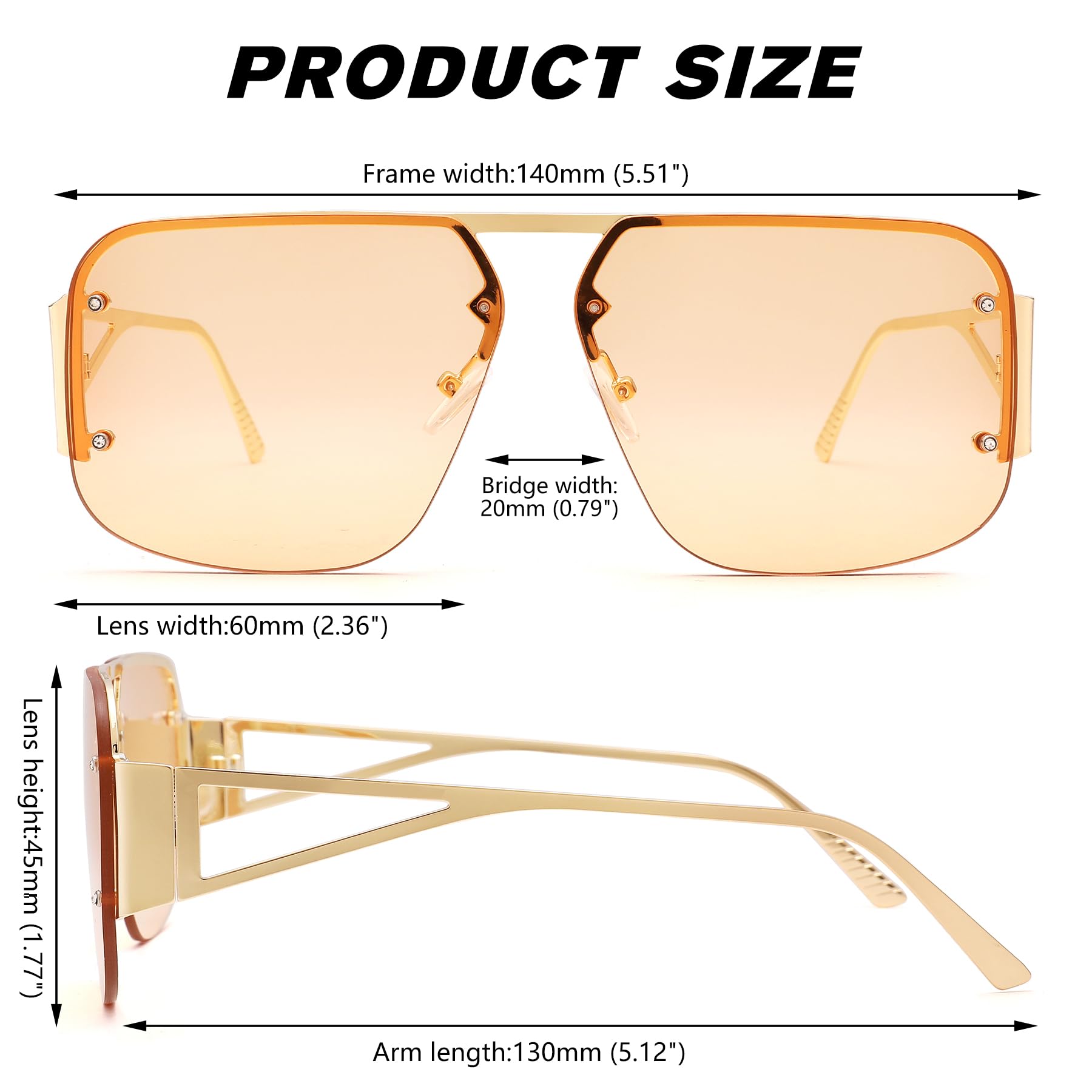 Pro Acme Aviator Sunglasses Women Men Trendy Rimless Frame Retro Square Shades Large Metal Sun Glasses(Champagne)