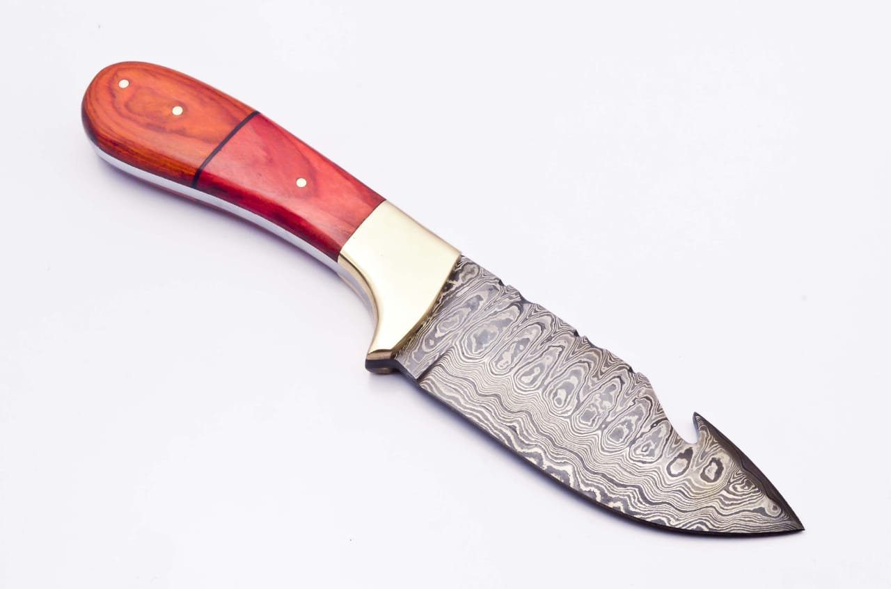 knifehills RARE CUSTOM DAMASCUS GUT HOOK HUNTING SKINNING KNIFE | HARD WOOD HANDLE (H-610)