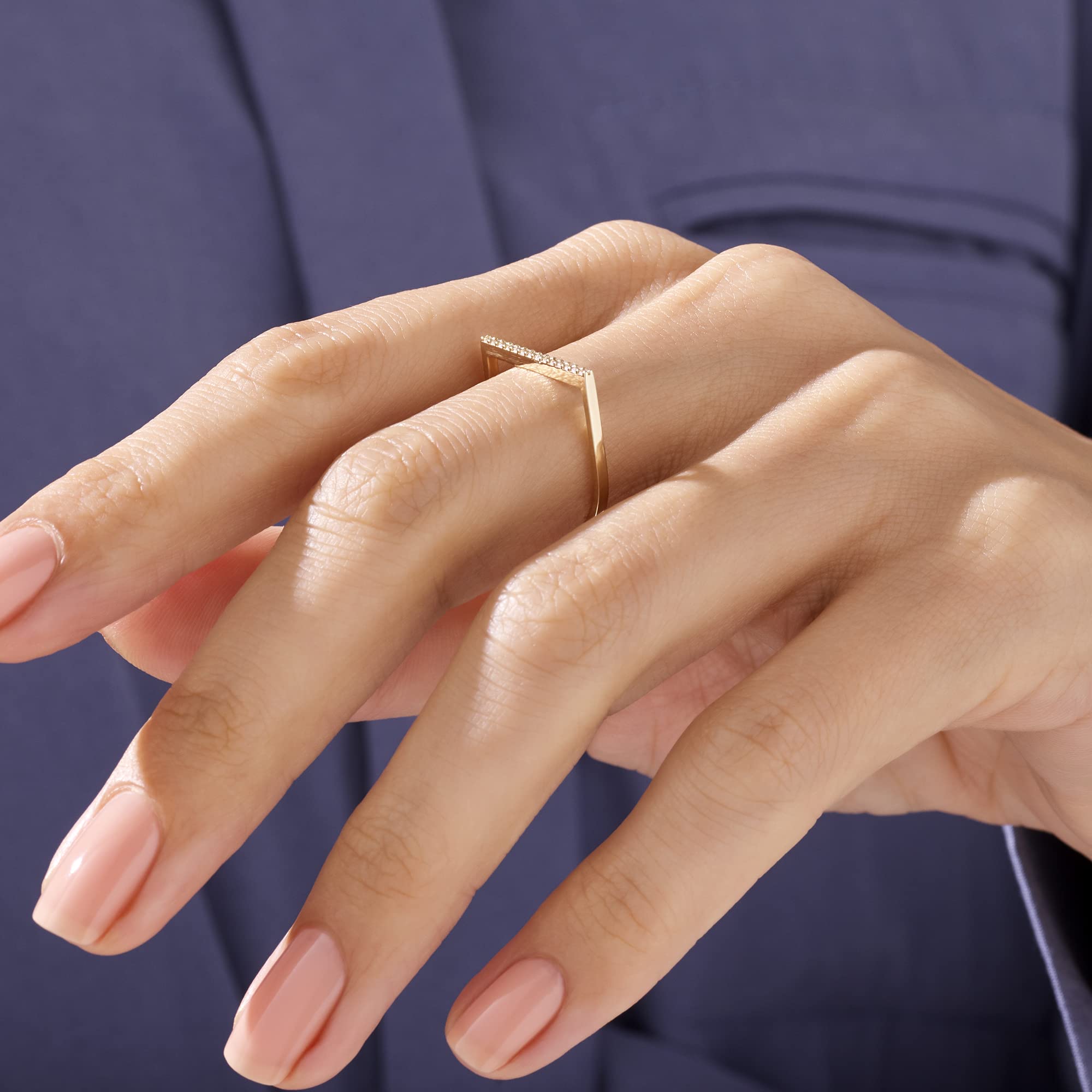 Norm Jewels 14k Gold D Shaped Bar Ring Solid Gold Pinky Rings for Women Real Gold Cubic Zirconia Ring Dainty Gold Stackable Rings (Yellow Gold, 8)
