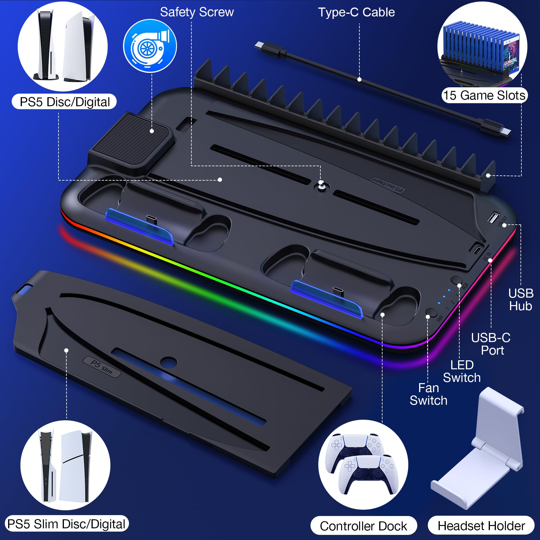 PS5 Slim Stand Cooling Station for Playstation 5 Slim Console Disc/Digital,PS5 Accessories Cooling Stand with 3-Level Cooler Fan,Dual PS5 Controller Charger,RGB Light,Headset Holder,15 Game Slot-Black