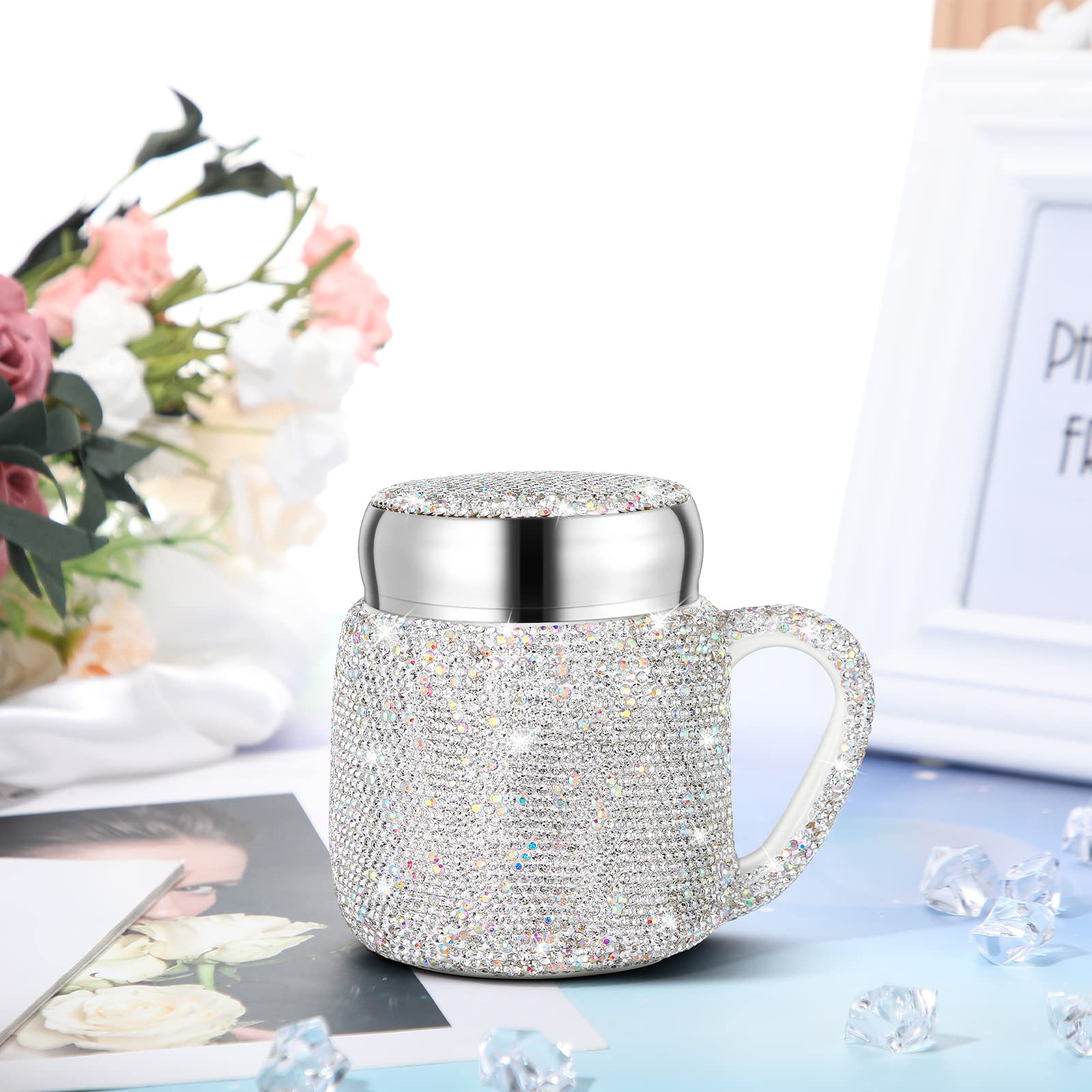 Meanplan Bling Rhinestone Coffee Mug for Christmas Gift Bling Water Bottle Rhinestone Ceramic Portable Travel Cup Crystal Coffee Cup with Lid and Handle for Women Office Home 13.5 oz (White)