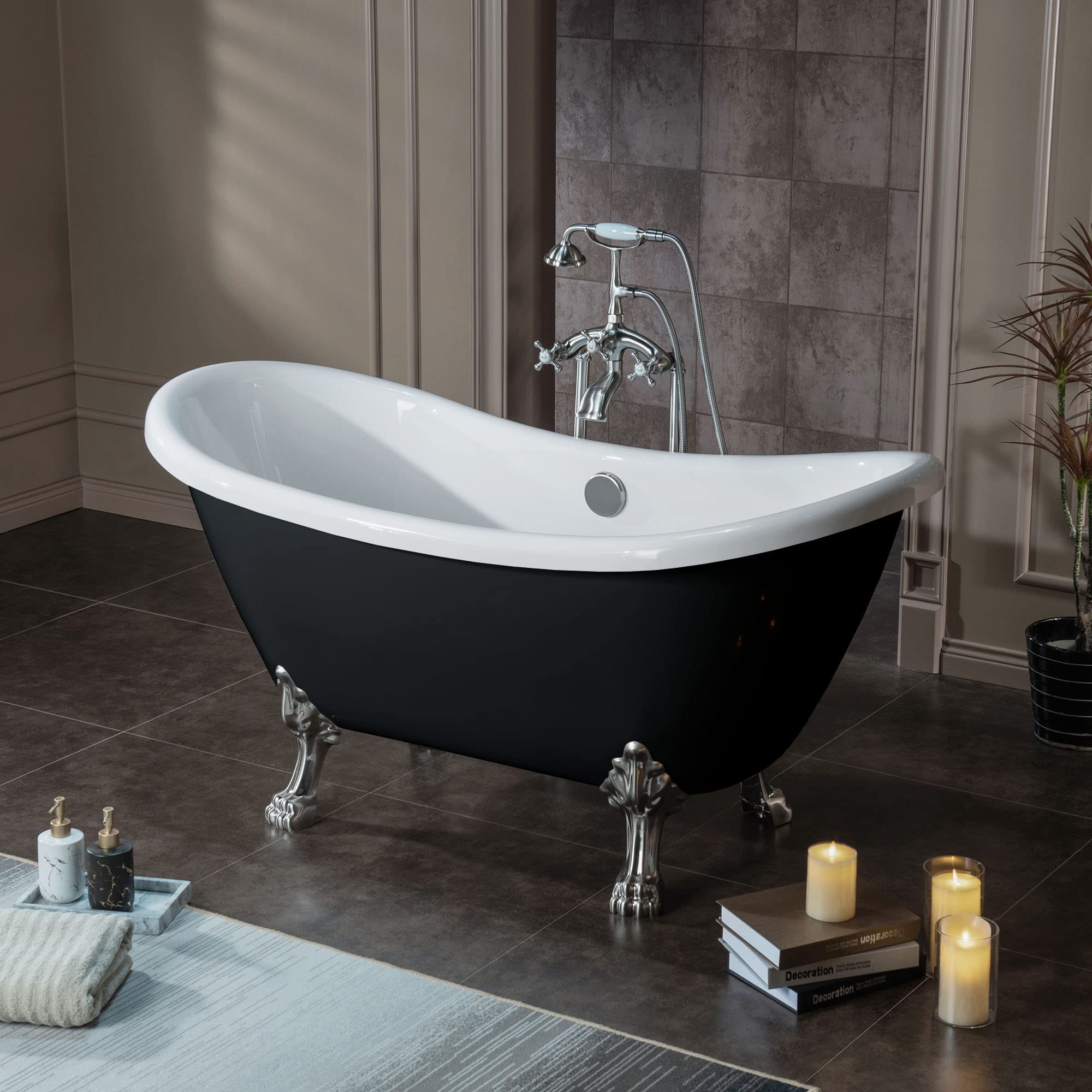 WOODBRIDGE 59" Double Slipper Clawfoot Bathtub with solid brass Polished Gold Finish drain and overflow + PG Faucet