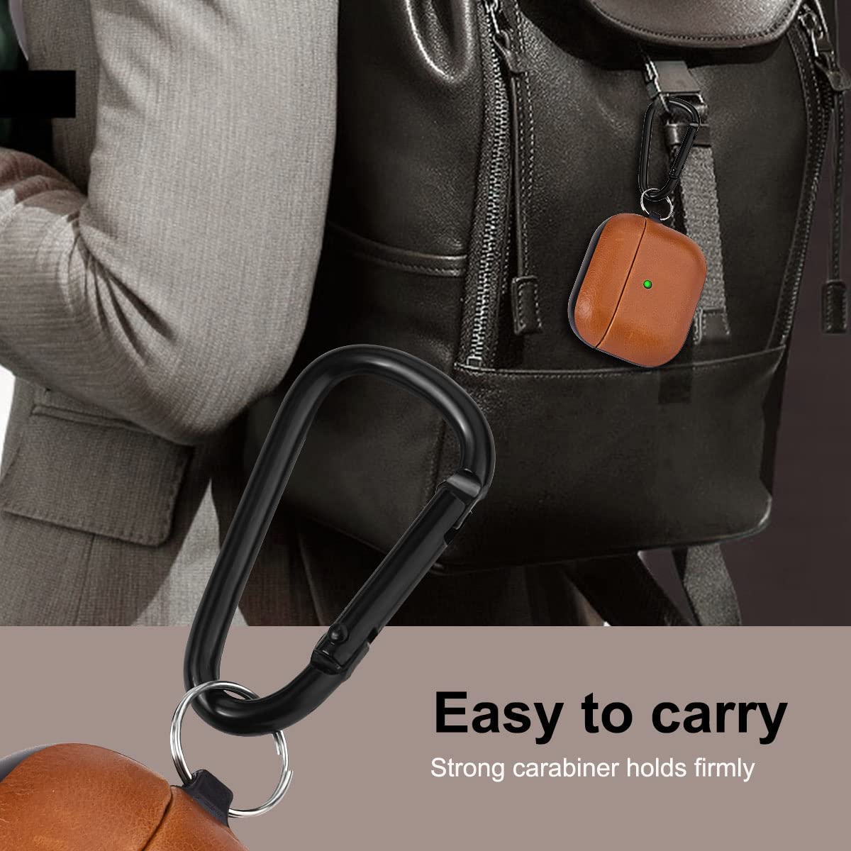 V-MORO Leather Case Compatible with Airpods 3rd Generation [Front LED Visible] Case for Airpods 3 Leather Protective Cover Skin with Keychain for Men and Women - Light Brown