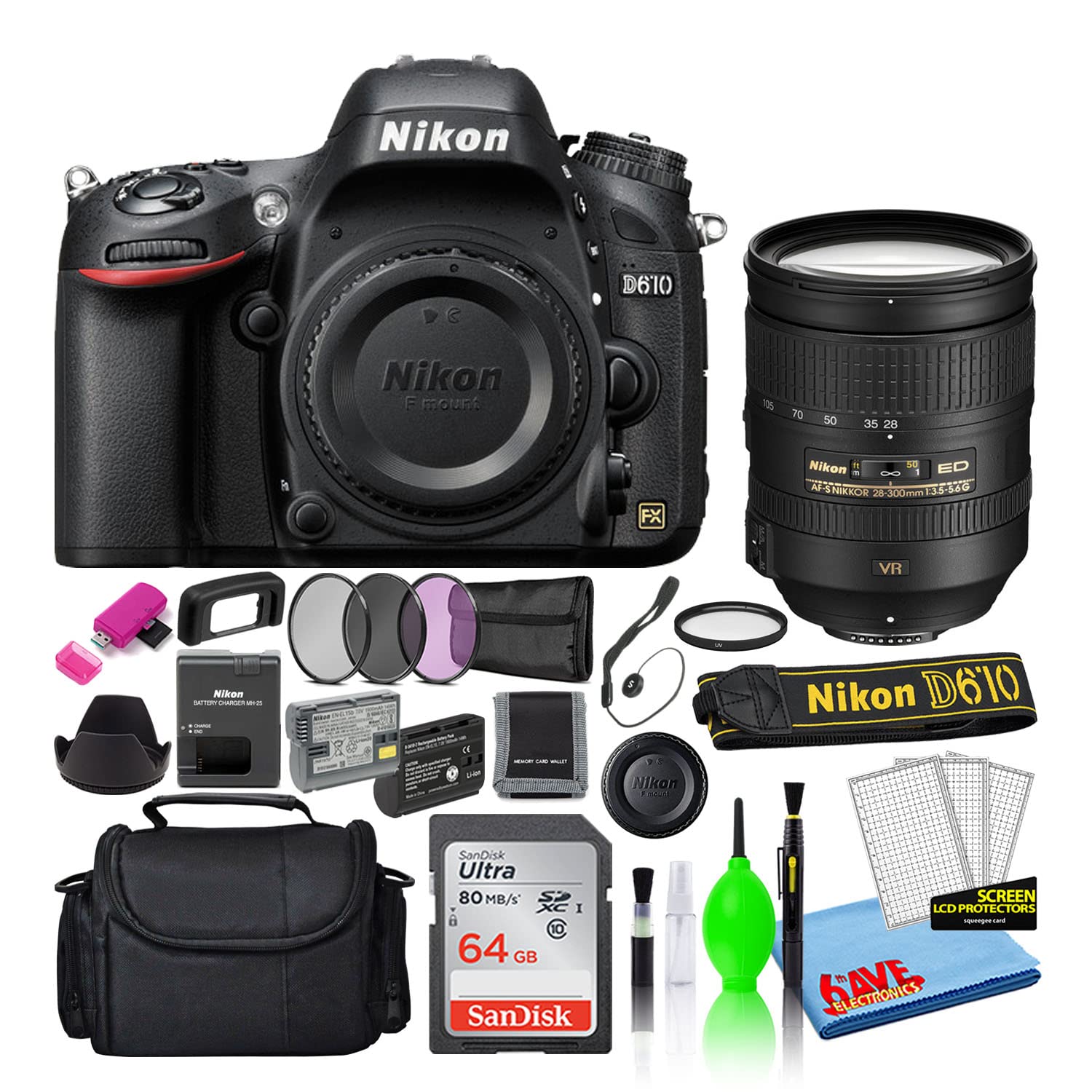 Nikon D610 24.3MP DSLR FX-Format Digital Camera with 28-300mm VR Lens (1540) Deluxe Bundle with 64GB SD Card + Large Camera Bag + Filter Kit + Spare EN-EL15 Battery + Telephoto Lens (Renewed)