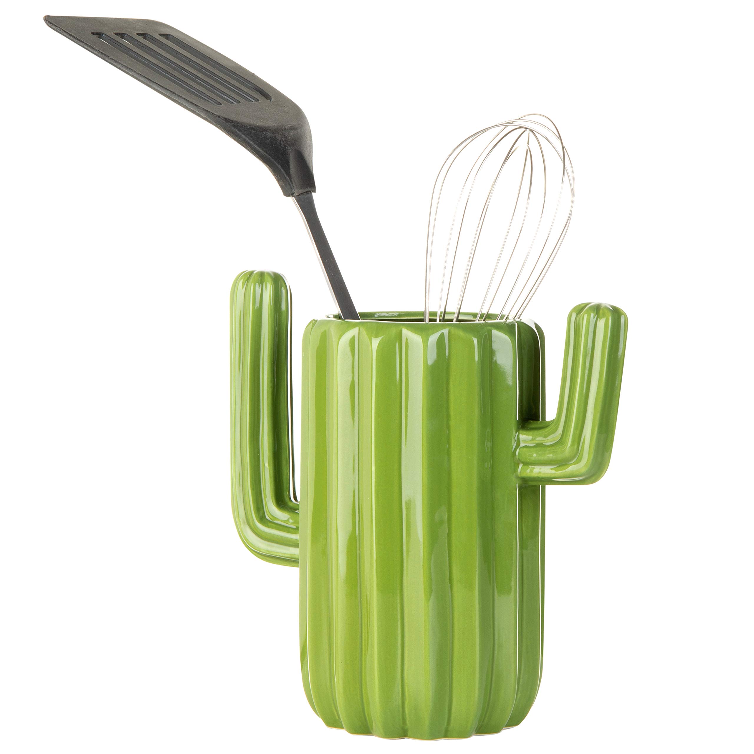 MyGift Southwestern Style Green Ceramic Utensil Holder with Cactus Shaped Design, Countertop Utensil Crock Container Kitchen Decor