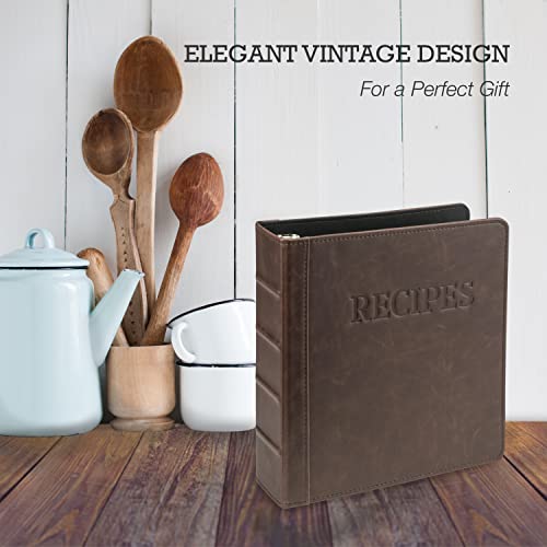 Samsill 2" Junior Recipe Binder Set, Complete with 50 Pack 4" x 6" Recipe Card Sleeves, and 8 Custom Dividers, Faux Brown Leather