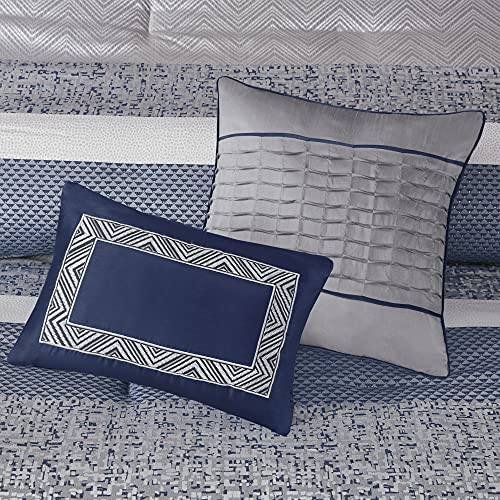 Madison Park Luxury Comforter Set-Traditional Jacquard Design All Season Down Alternative Bedding, Matching Bedskirt, Decorative Pillows, Queen(90"x90"), Rhapsody, Geometric Navy 7 Piece