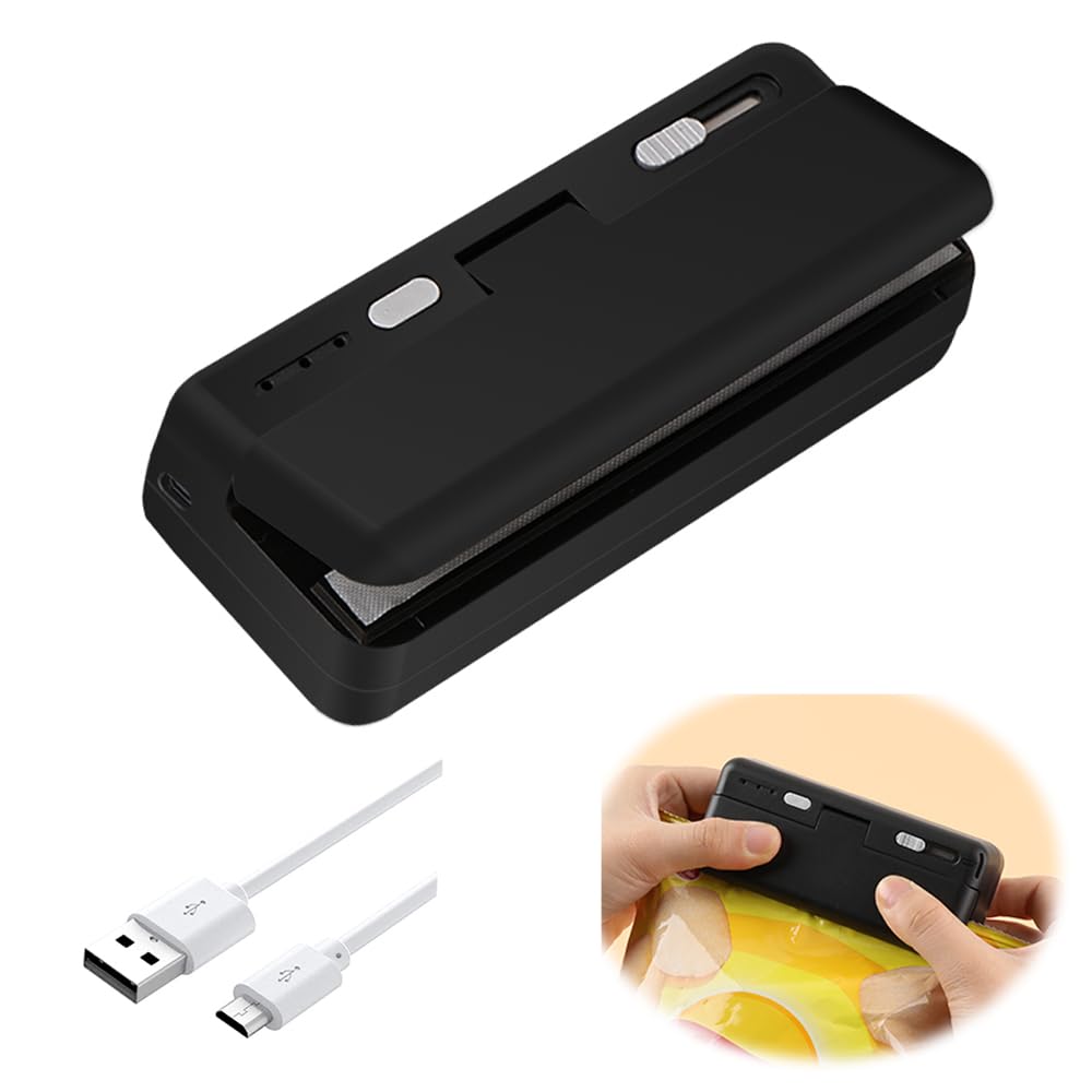 Mini Bag Sealer, USB Charger Potato Chip Bags Heat Sealer Capper, Reseals Snack Plastic Bag Heat Seal and Cutter, Sealing Machine Vacuum Impulse For Mylar Cereal Bags, Keep Food Fresh (Black)