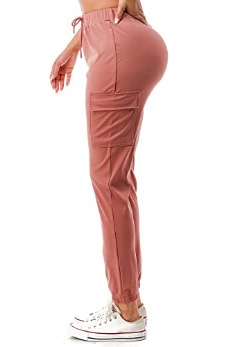 Petalroz Women's Cargo Joggers Drawstring Hiking Pants for Women Outdoor Casual Athletic Workout with Pockets,Pink,X-Large