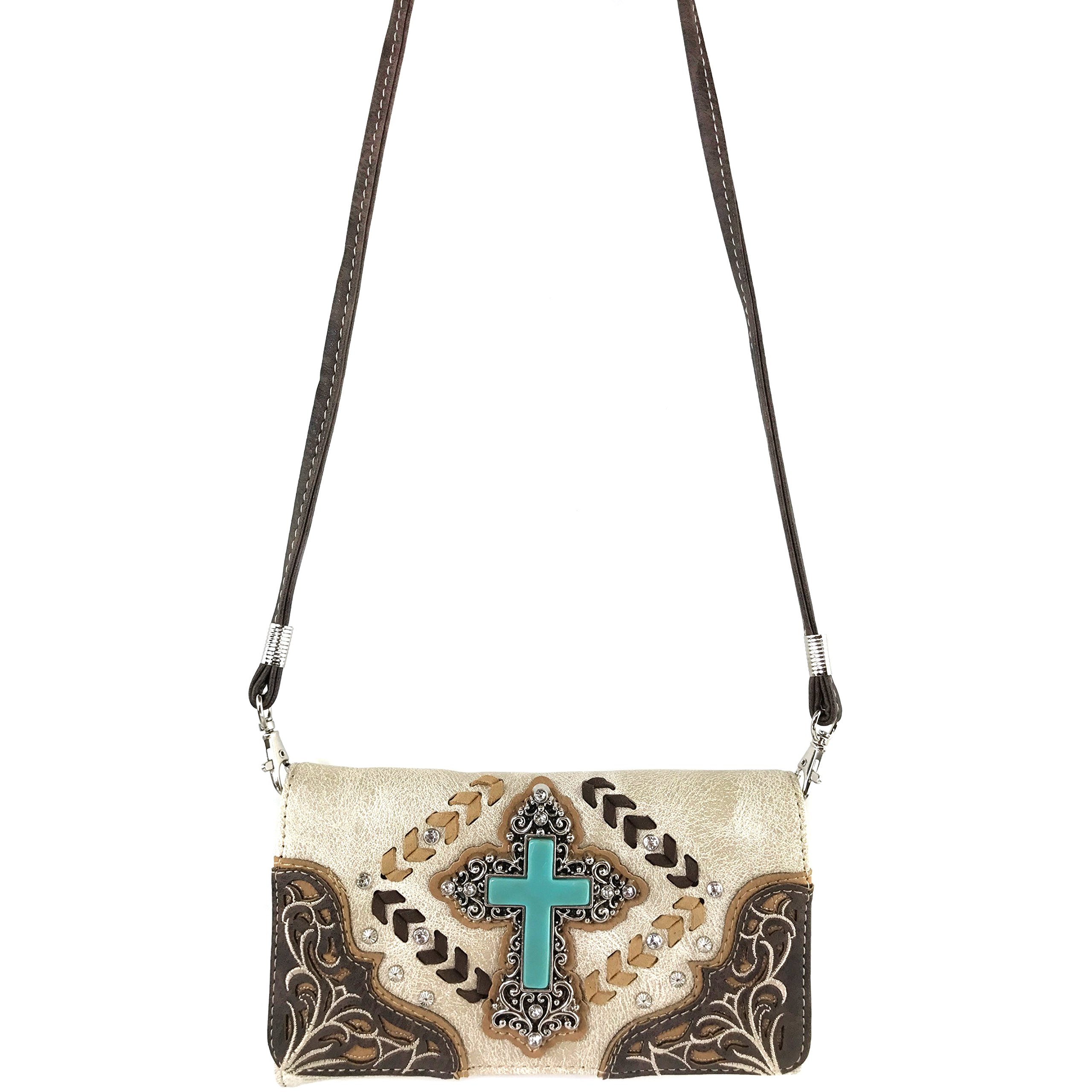 Justin West Trendy Western Cross Rhinestone Leather Conceal Carry Top Handle Square Backpack Purse (Beige Wallet Only)