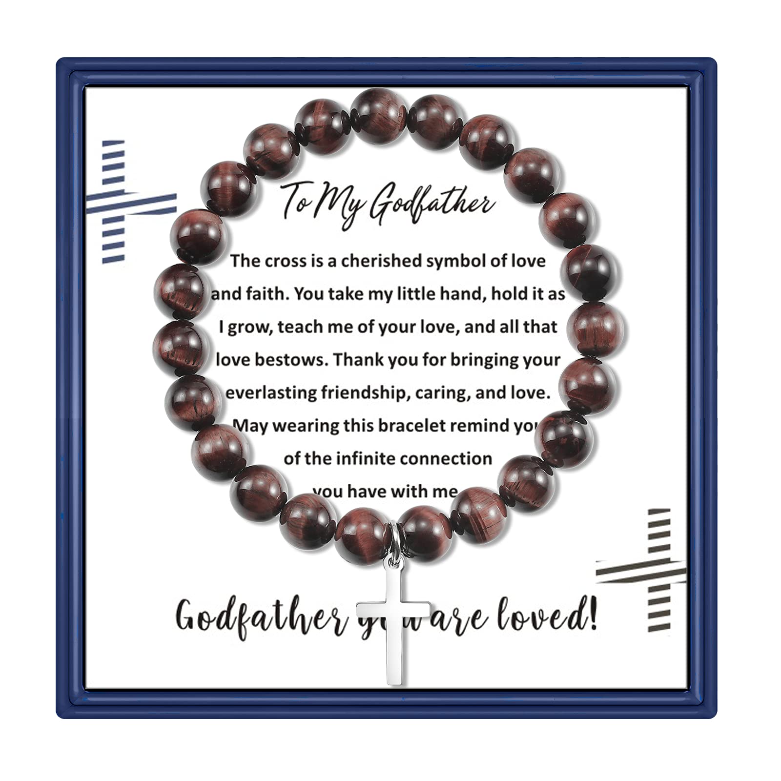 PARTNER Godfather Gifts from Godchild Godfather Baptism Gifts Cross Charm Bracelet Godfather Stone Beads Bracelet (Tiger Eye Stone Beads Godfather Bracelet)