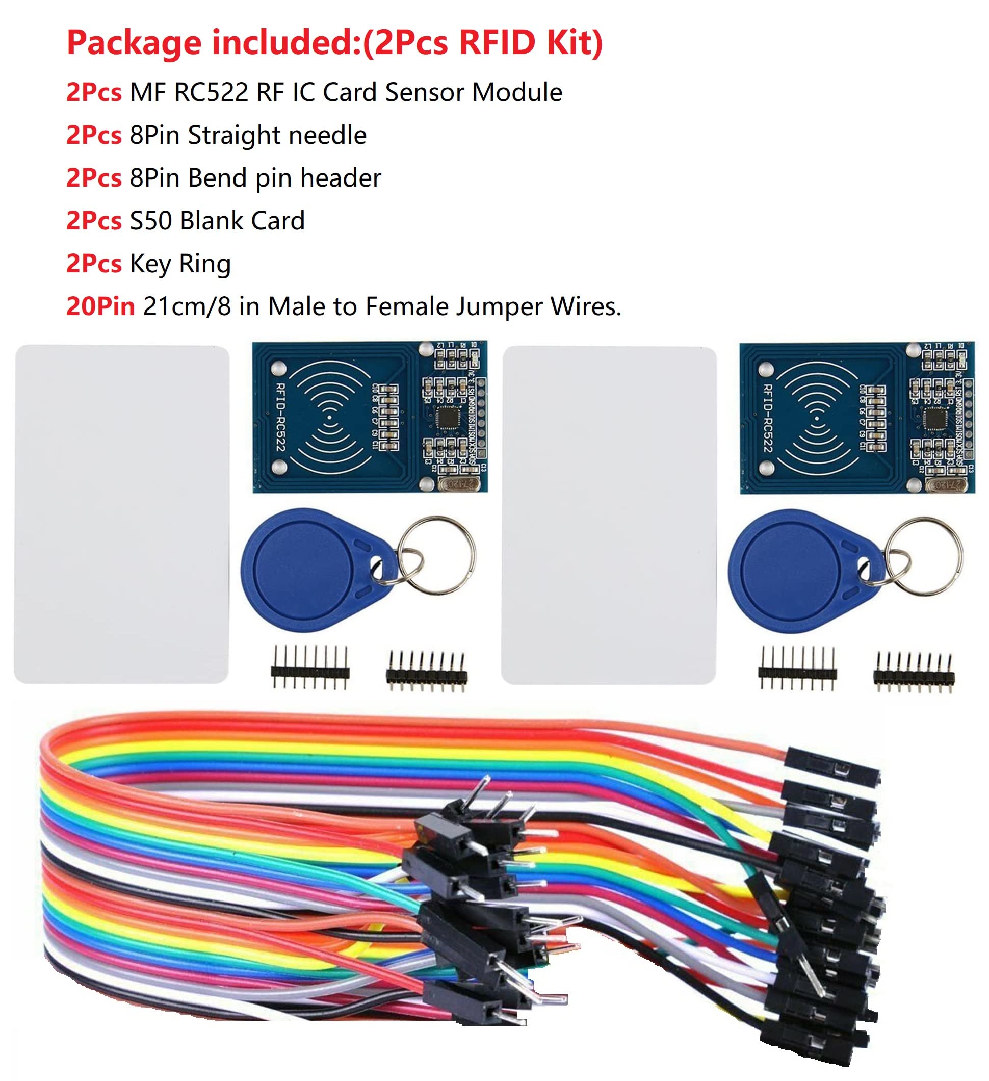 WWZMDiB 2 Pcs MFRC522 RFID Kit for Arduino Raspberry Pi(RC522 IC Card Sensor Module + S50 Blank Card + Key Ring + Jumper Wires)
