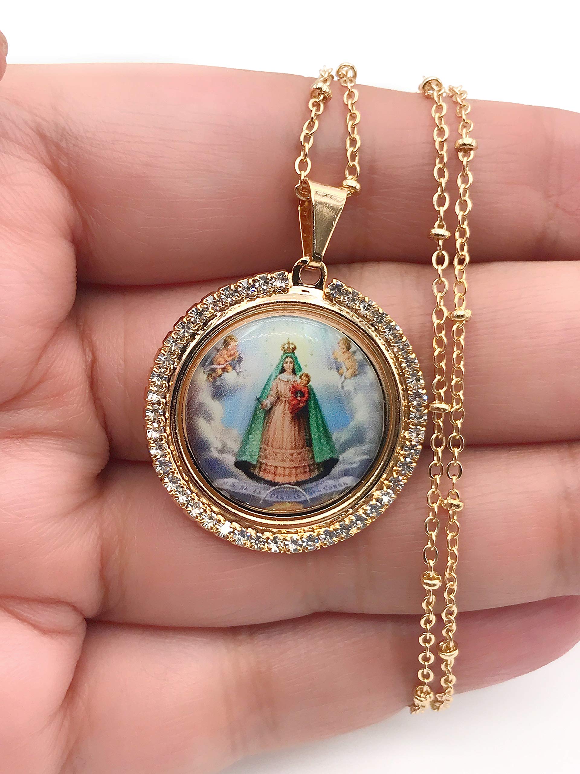 LESLIE BOULES Virgin Caridad del Cobre Pendant Necklace 18K Gold Plated Chain Religious Jewelry