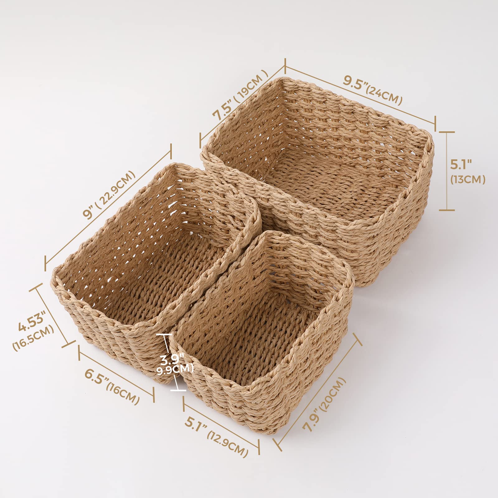 Small Wicker Baskets for Organizing, Recycled Paper Rope Storage Baskets Soft Container Boxes for Dressing Room Shelves Bathroom Bedroom, Stackable Square Woven Baskets Set of 3 (Beige, No Odor)