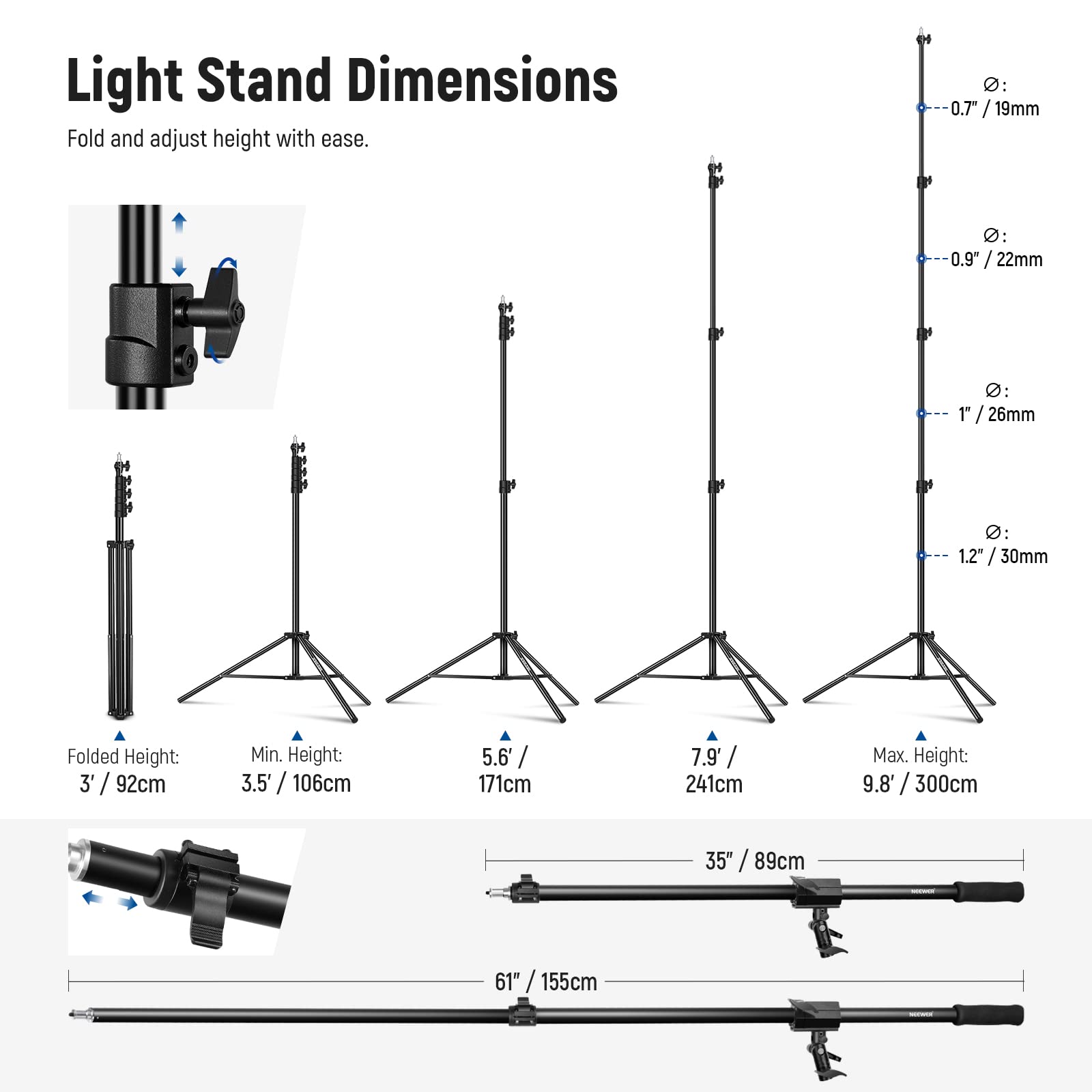 NEEWER Air Cushioned Aluminum Light Stand, 9.8ft/3m Adjustable Photography Stand with Boom Arm, Counterweight, Sandbag, 1/4" Screw for Softbox, Studio Flash, Umbrella, Ring Light, Max Load 5kg