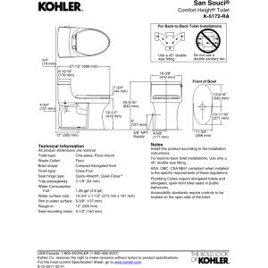 KOHLER K-5172-RA-0 San Souci Comfort Height Toilet, 25.31 x 16.38 x 27.75 inches, White