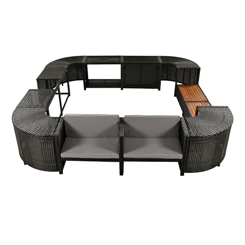 WOODRK Quadrilateral Outdoor Rattan Sectional Sofa Set with Mini Couch, Patio Conversation Sets with Wooden Seats and Storage Spaces, Spa Surround Frame for Gardern, Poolside, Gray