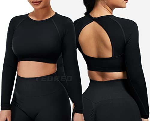 YEOREO Women's Backless T-Shirts Open Back Tee Long Sleeve Yoga Tops Sports Running Shirt