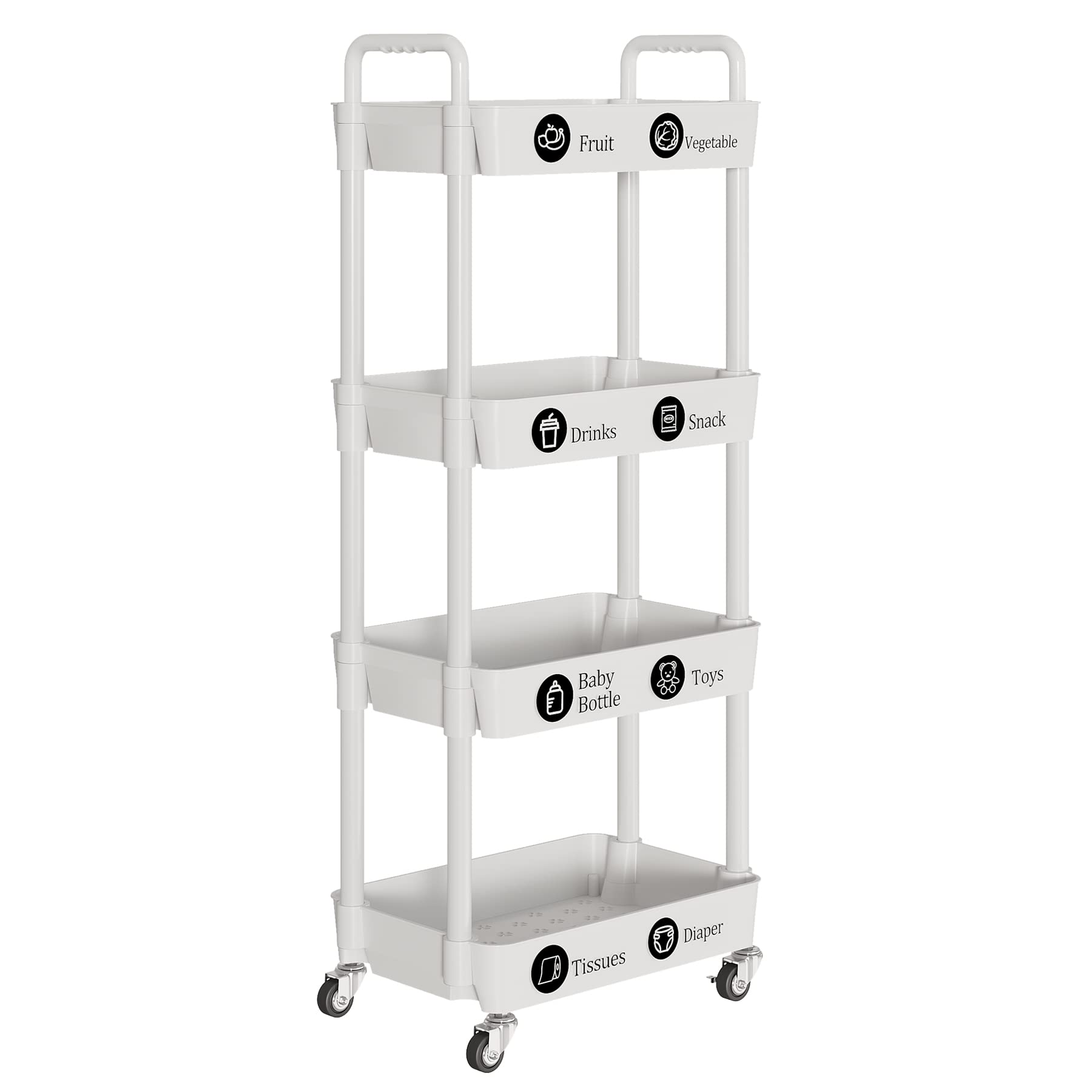 Laiensia 4-Tier Storage Cart,Multifunction Utility Rolling Cart Kitchen Storage Organizer,Mobile Shelving Unit Cart with Lockable Iron Wheels for Bathroom,Laundry,Room,with Classified Stickers,White