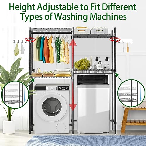 YEPOTUE Clothes Drying Rack, 4 Tiers Laundry Room Organization and Storage with Adjustable Shelves, Heavy-Duty Over Washer and Dryer Shelves Space Saver Closet Rack Towel Storage Black