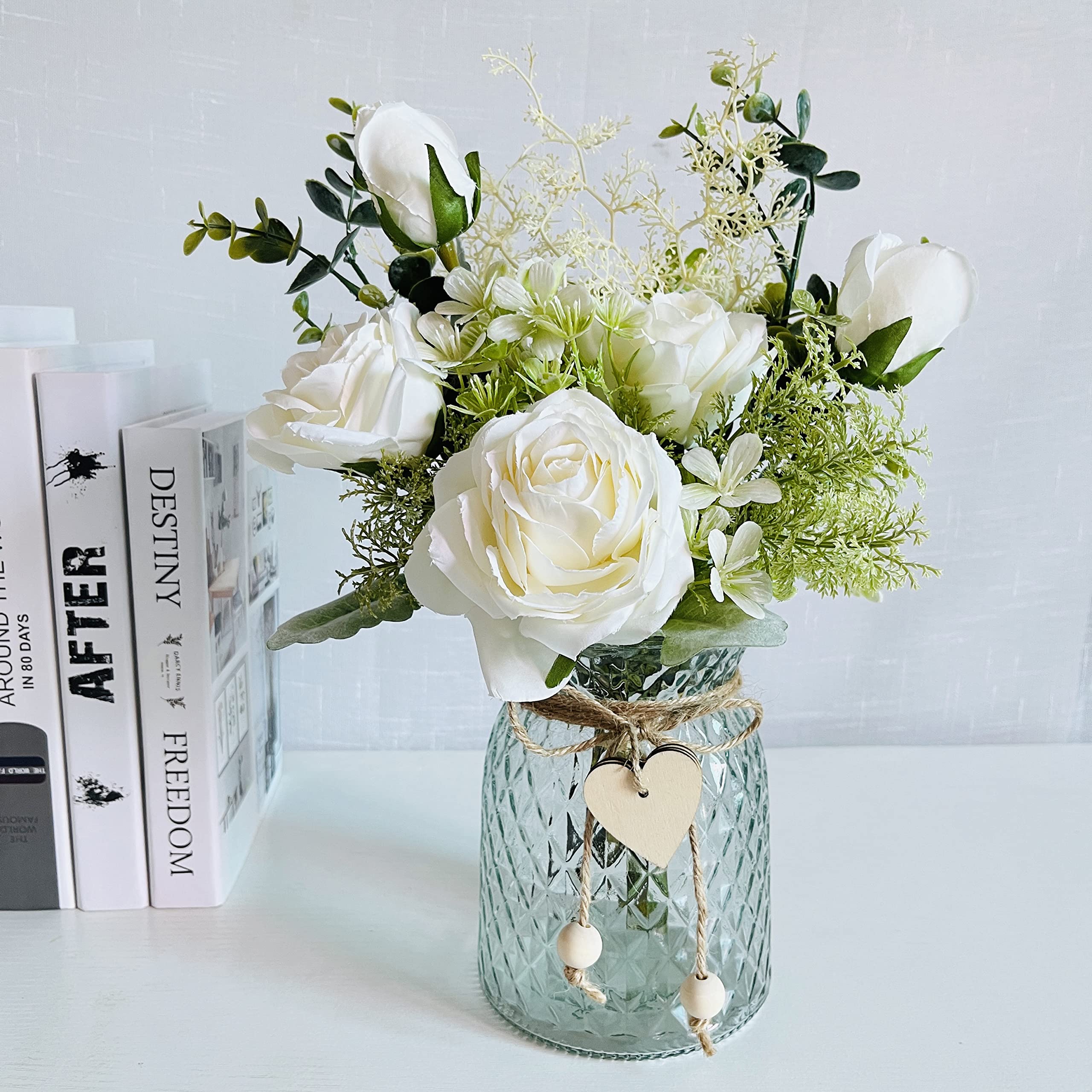 LADADA Fake Flowers with Vase, Silk Roses Artificial Flowers in Vase, Suitable for Wedding, Party, Home Decor.(Ivory)