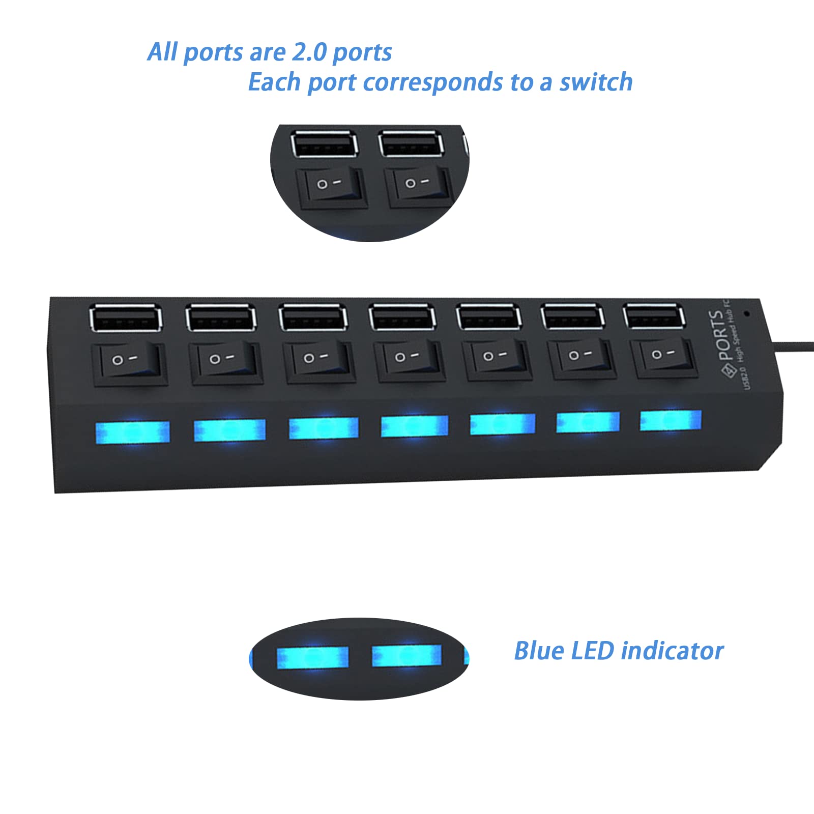 USB Splitter Multi Port USB 2.0 Hub, 7 Port with Independent On/Off Switch and LED Indicators USB A Port Data Hub, Suitable for PC Computer Keyboard Laptop Mobile HDD, Flash Drive Camera Etc