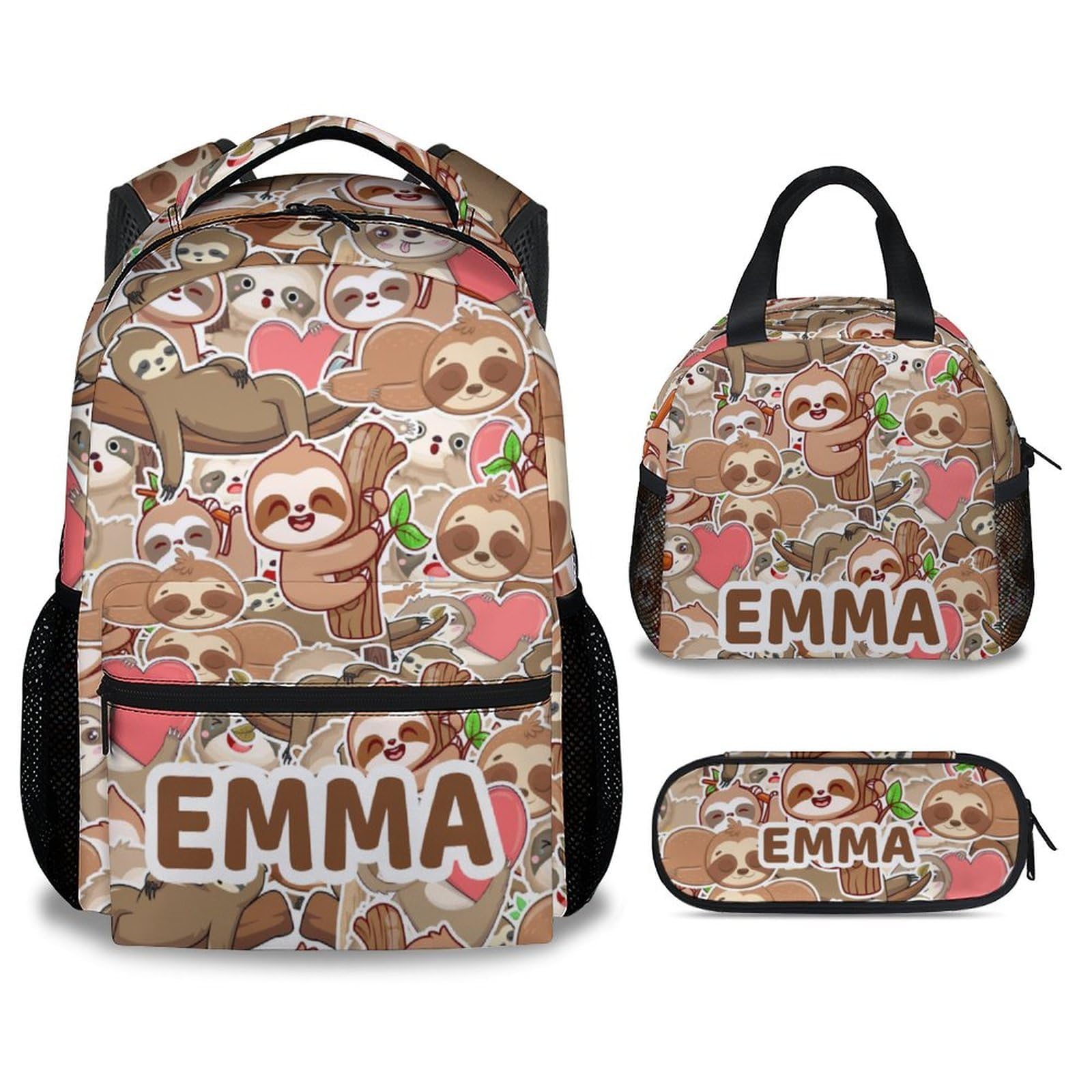 Mercuryelf Personalized Sloth Girls Boys Backpack with Lunch Box Set, 3 in 1 School Travel Backpacks Matching Combo, Cute Brown Bookbag and Pencil Case Bundle
