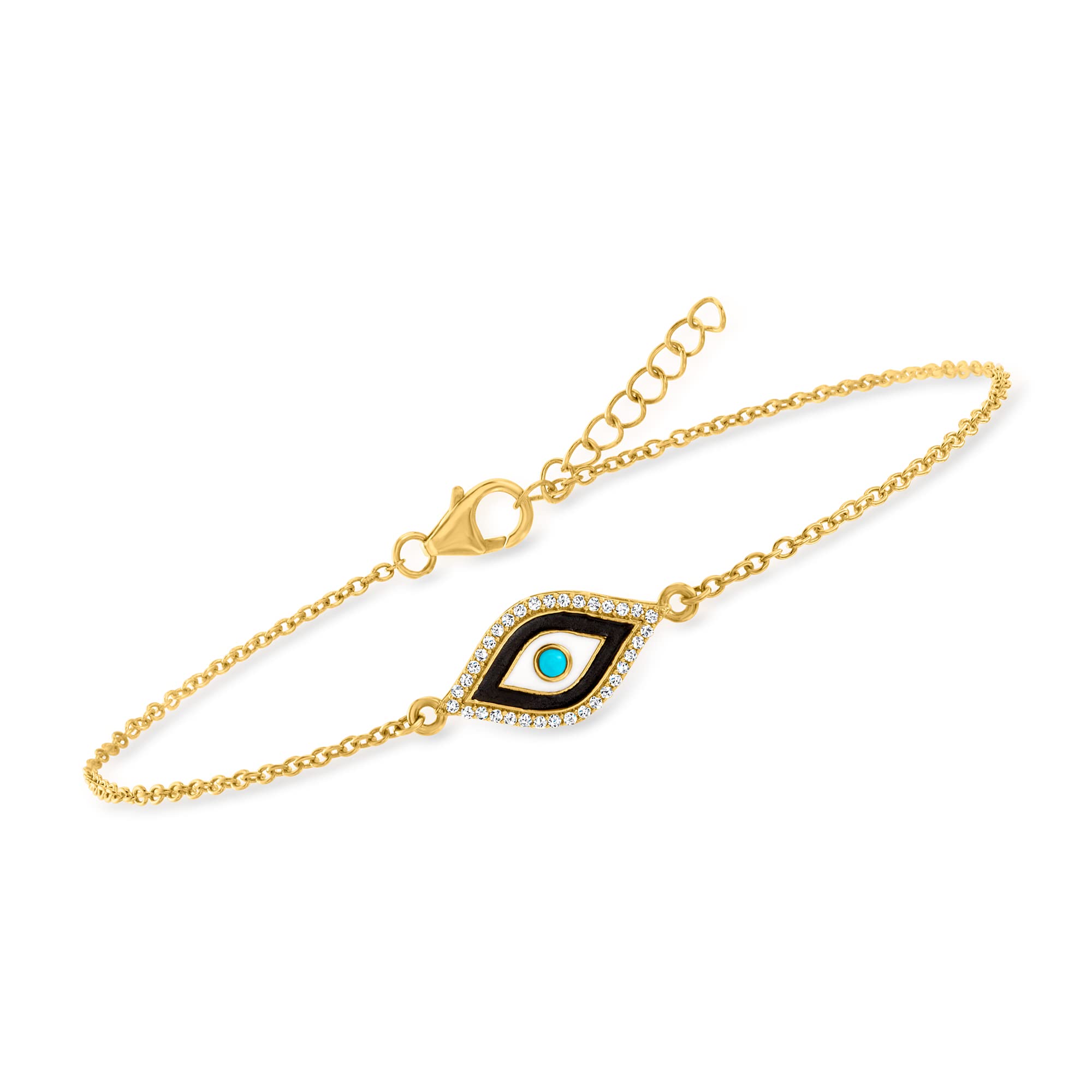 Ross-Simons Turquoise and .10 ct. t.w. White Zircon Evil Eye Anklet With Black and White Enamel in 18kt Gold Over Sterling. 9 inches
