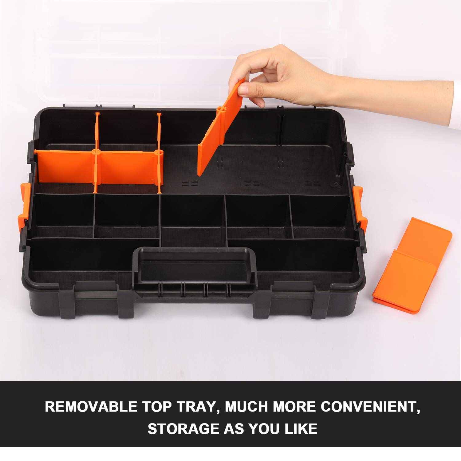 Makitoyo Tool Box Organizers, Interlocking Black Small Parts Organizer for Fasteners, Parts and Crafts w/Removable Dividers, 2 Pieces Pack, Black & Orange,15”L×11.6”W×2.6”H