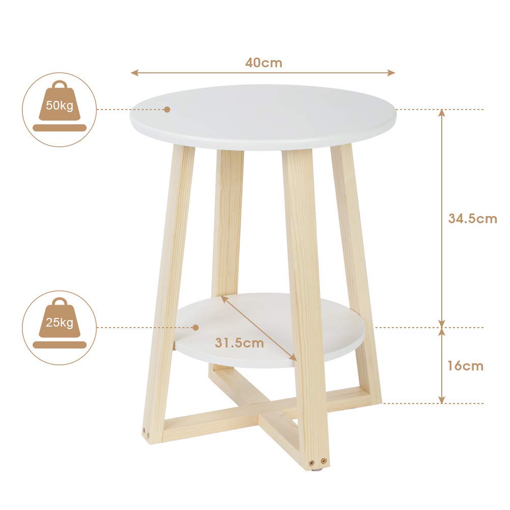 Liusin 2 Tier Round Side Table, Contemporary Multi-Purpose Small Space Round Sofa Coffee Nightstand Table with Storage Shelf and Solid Wood Legs for Home Office Bedroom Living Room(White)