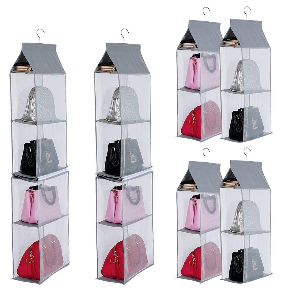KEEPJOY Detachable Hanging Handbag Purse Organizer for Closet, Purse Bag Storage Holder for Wardrobe Closet with 4 Shelves Space Saving Purse Organizers System (Pack of 2 Grey)