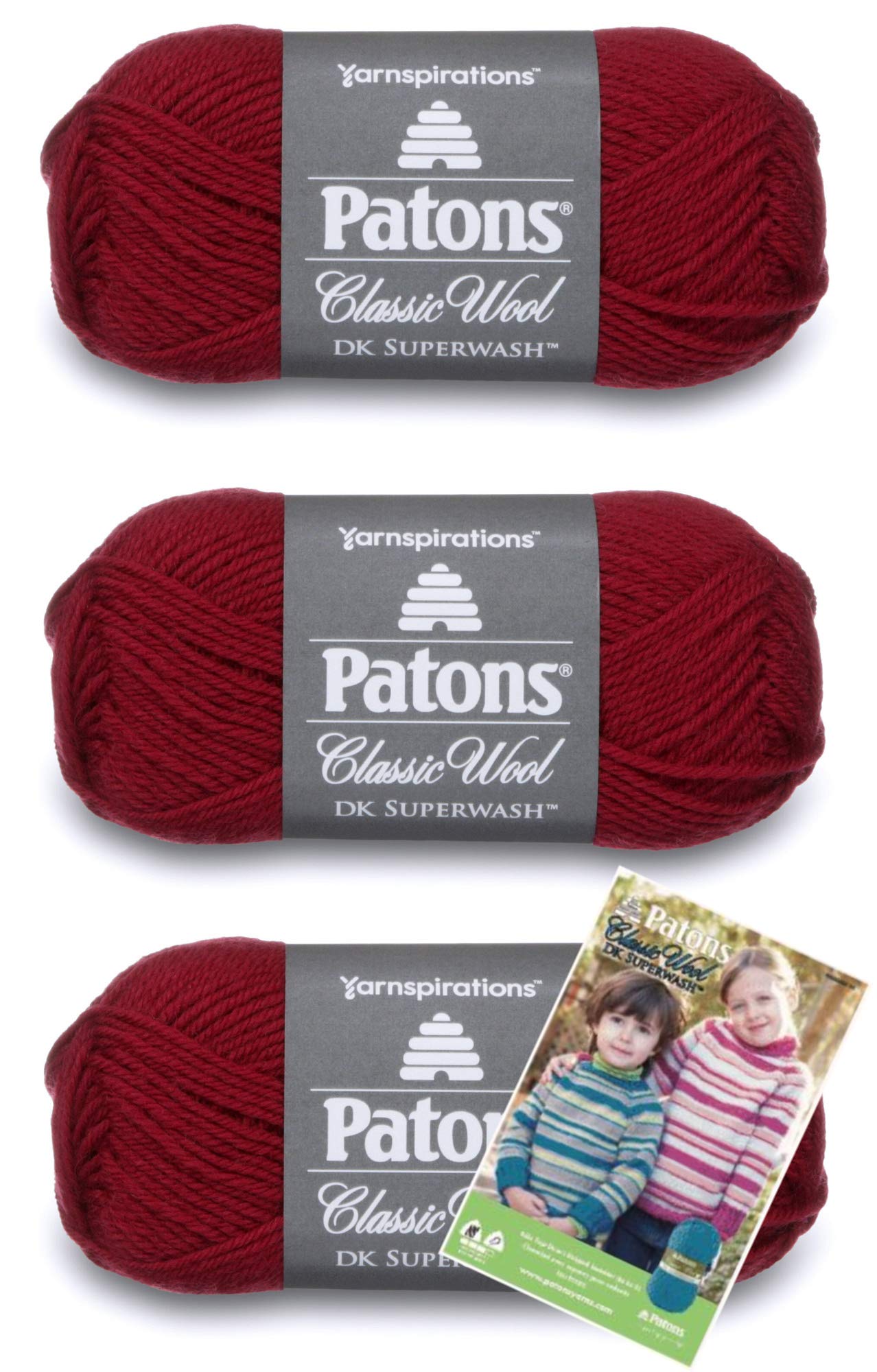Patons Yarn Classic Wool DK Superwash Yarn - Gauge 3 Light - 100 Wool - (3-Pack) - Claret - Plus Pattern - for Crochet, Knitting, and Crafting