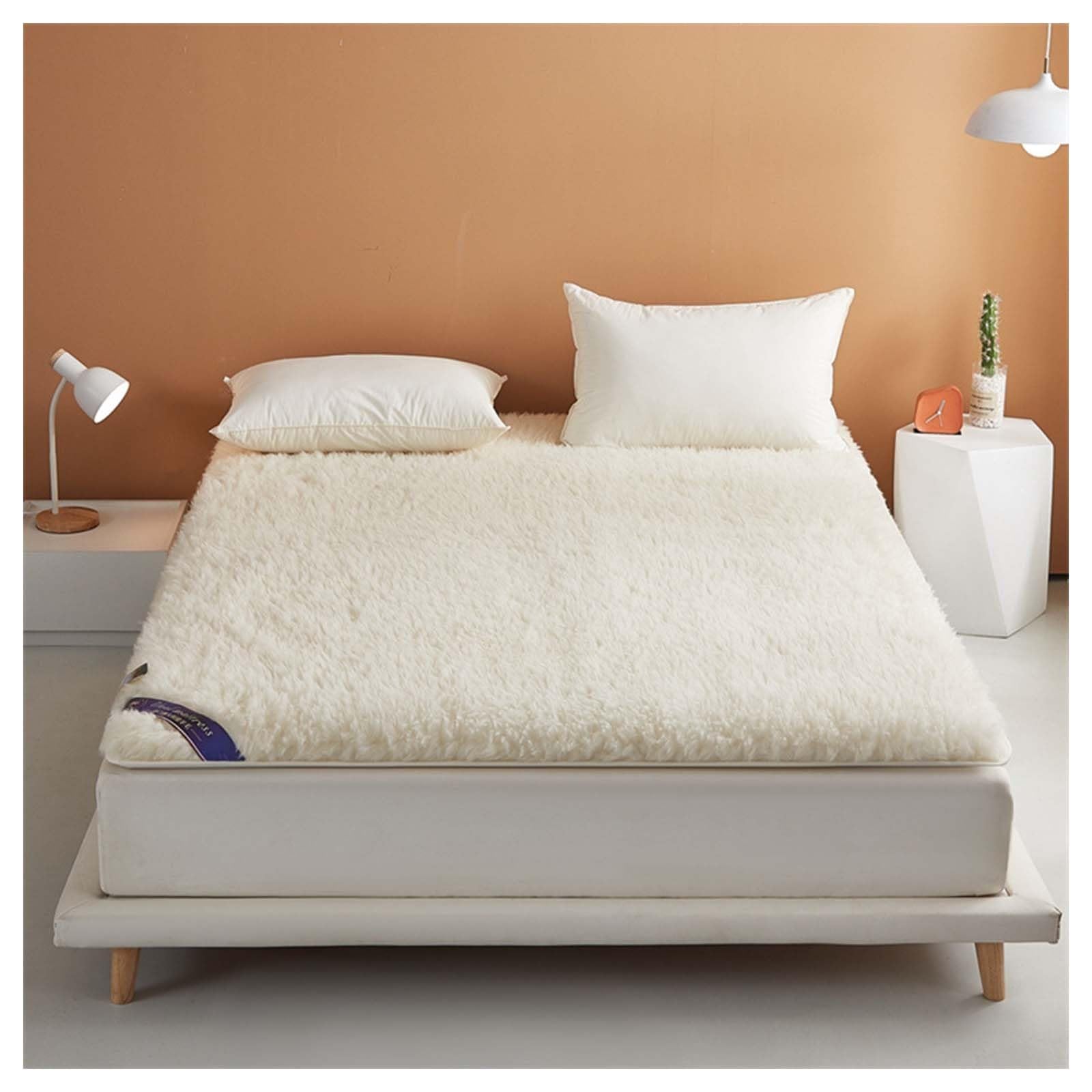 Wool Fleece Fitted Mattress Cover Pad with Straps - Breathable Lamb Folding Wool Mattress Protector Pure Wool Bed Topper Pure White Mattress(59 * 79")