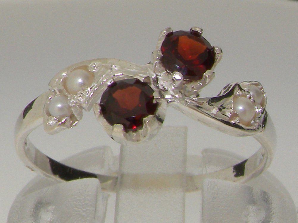 LetsBuyGold 925 Sterling Silver Natural Garnet and Cultured Pearl Womens Band Ring - Sizes 4 to 12 Available