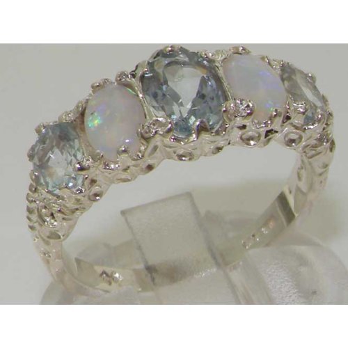 LetsBuyGold 925 Sterling Silver Real Genuine Aquamarine and Opal Womens Promise Ring - Size 9
