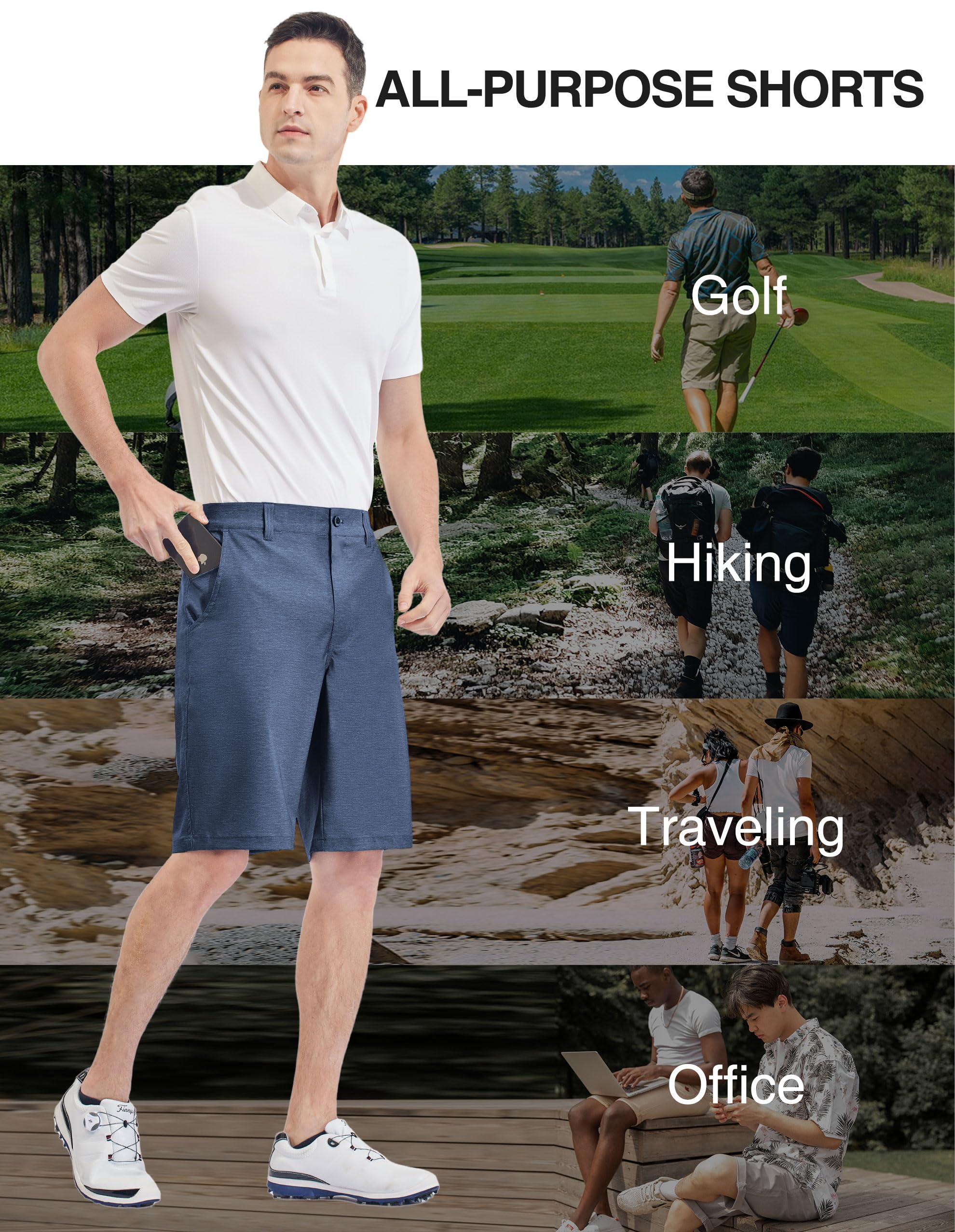 PULI Mens Dress Stretch Chino Hiking Traveling Shorts Quick Dry Lightweight Golf Beach with Pockets Blue 38