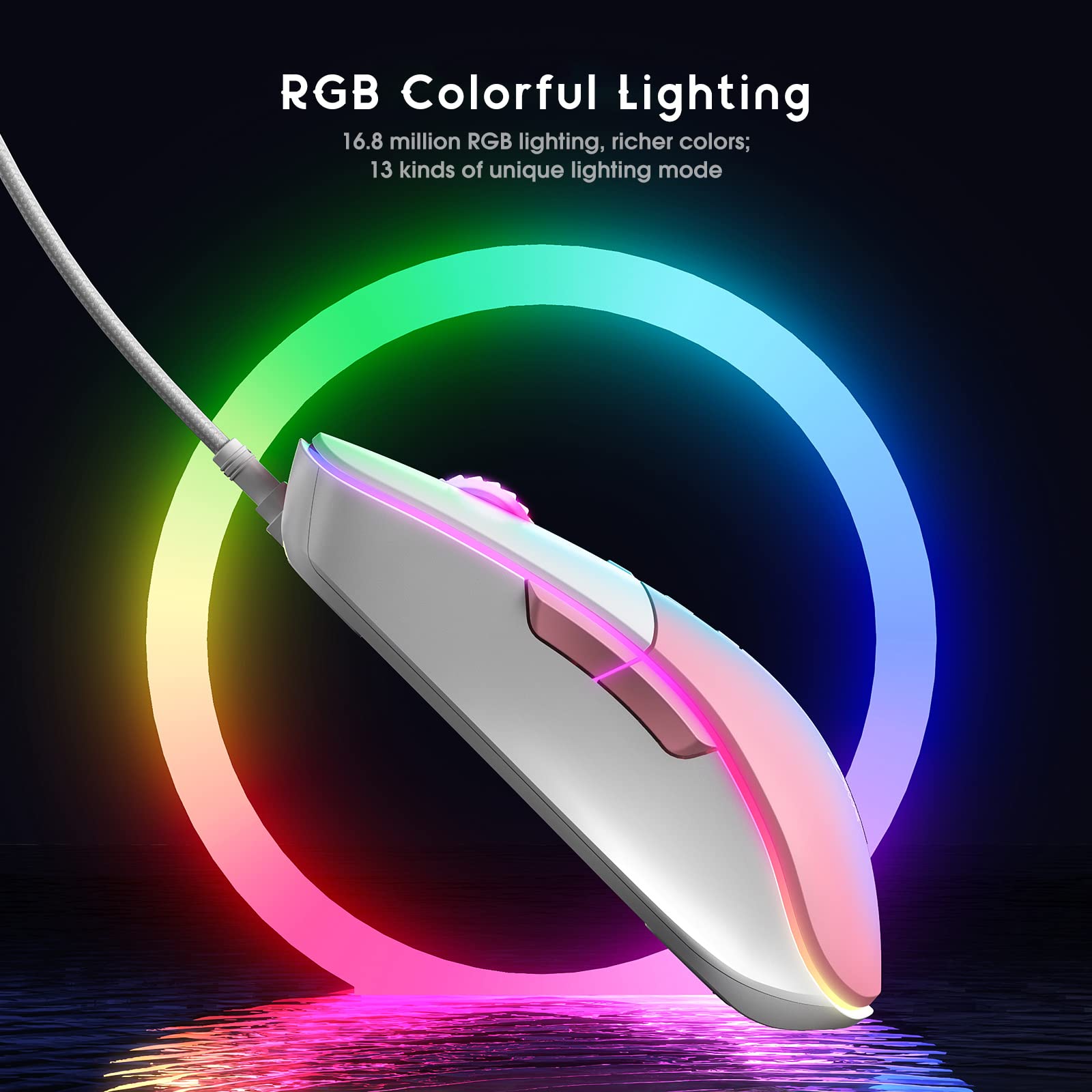 Pink Mouse Ergonomic Gaming Wired Mouse, Color-Blocking Design Mice with 6 Adjustable DPI Up to 7000 and 13 Color Backlight, Pink PC Gaming Mice for Office/Windows/Mac and Laptop (CW916)