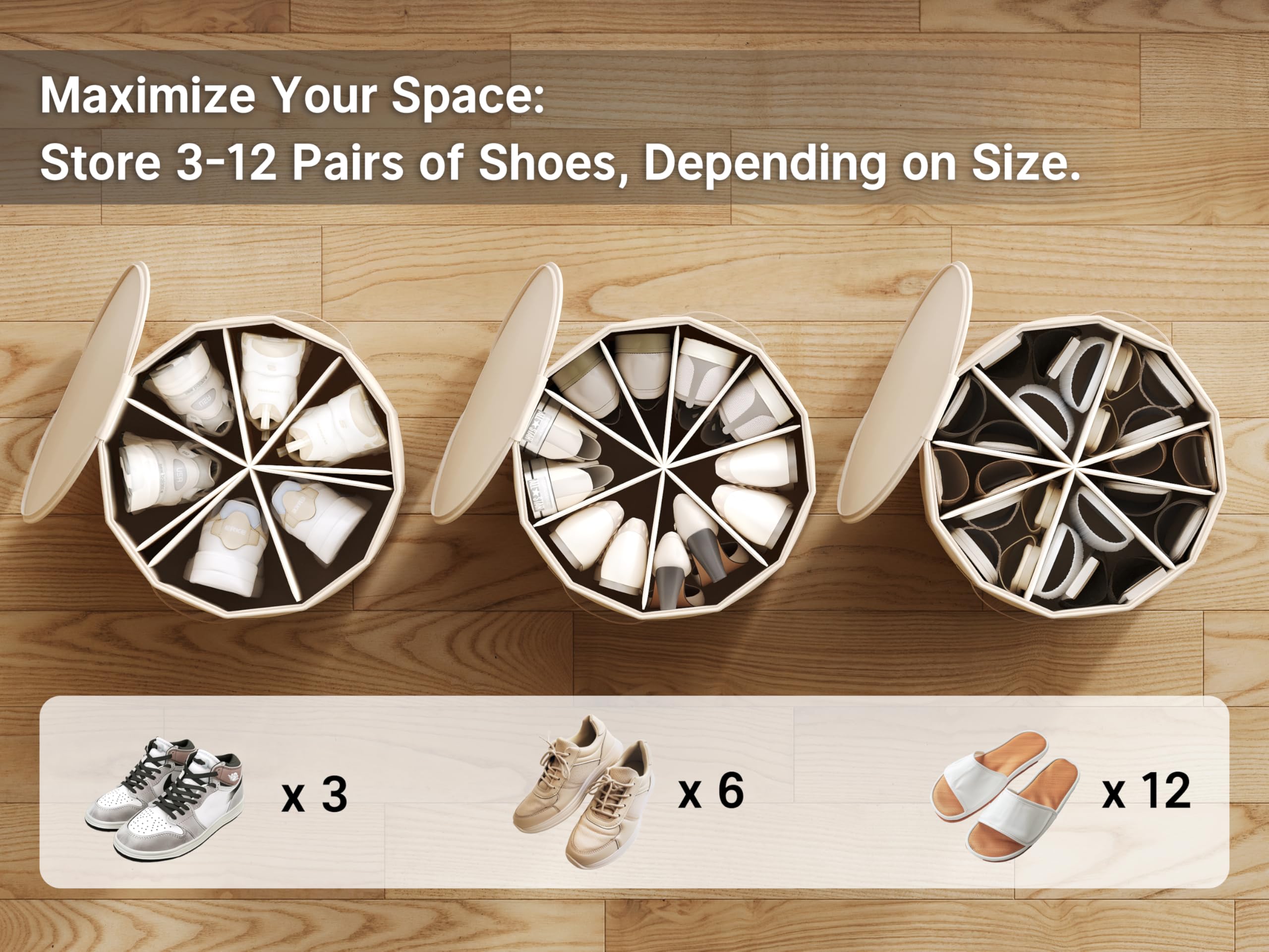 Vailando Shoe Organizer for Closet - Cylindrical Shoe Storage Organizer with Adjustable Dividers for Closet, Foldable, Beige, 1-Pack