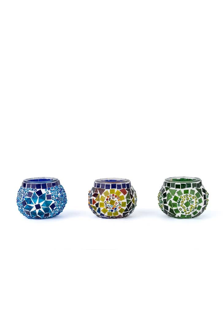 KAFTHAN Mosaic Glass Tealight Candle Holder Set of 3 - Decorative Unique Table Centerpiece for Wedding, Ball & Home - Lighting, Aromatherapy, Party & Gift - (2.4" x 2", Blue, Multicolor, Green)